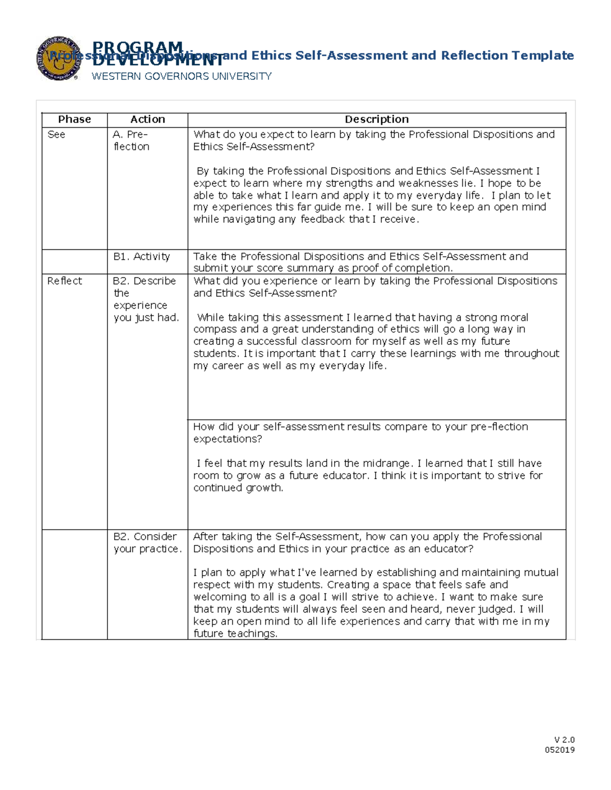 WGU PROGRAM Professional Dispositions & Ethics Reflection Template ...