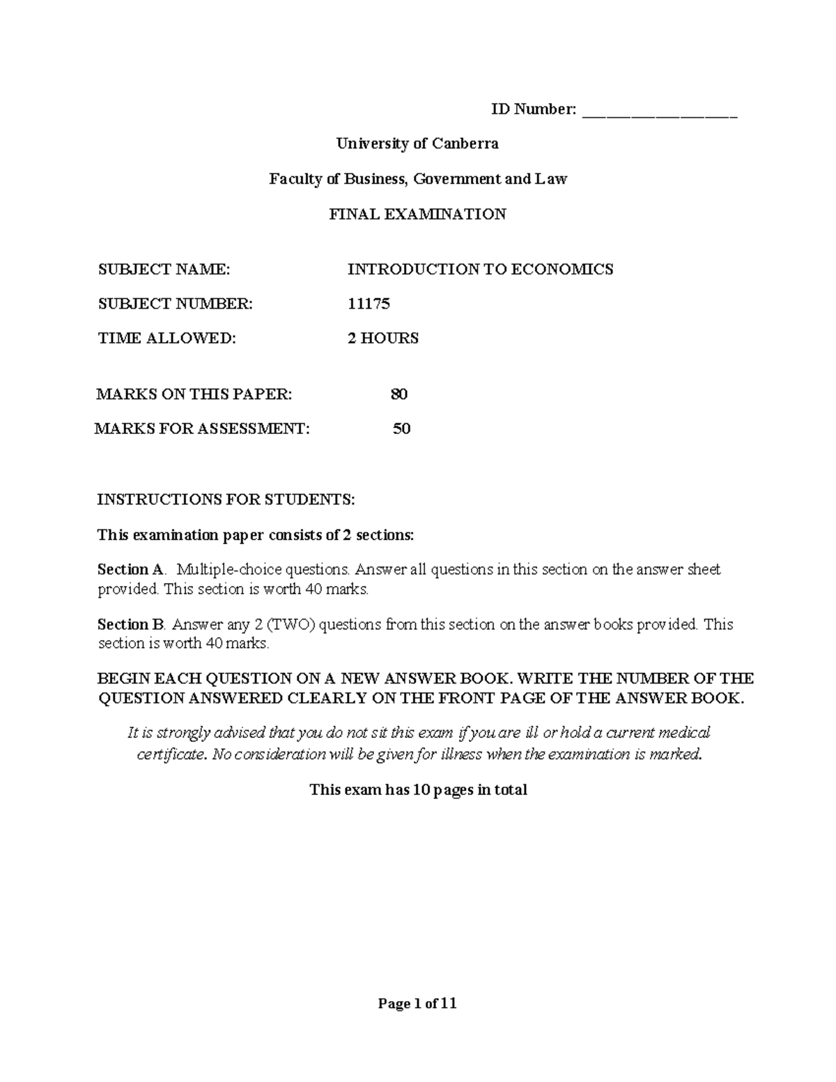 Sample Exam Paper 11175: Introduction to Economics Final Exam - Studocu
