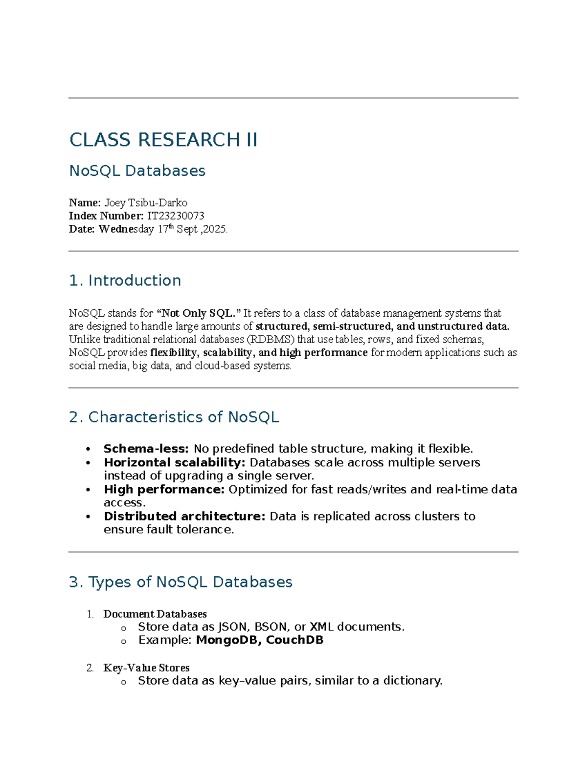 IT2323 CLASS RESEARCH II: Exploring NoSQL Databases - Studocu