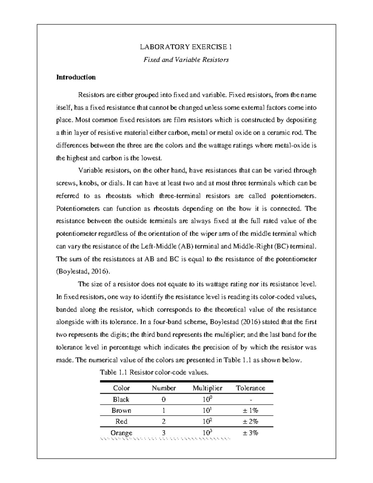 Lab Exer 1 - Resistor Code Reading - LABORATORY EXERCISE 1 Fixed and Variable Resistors ...