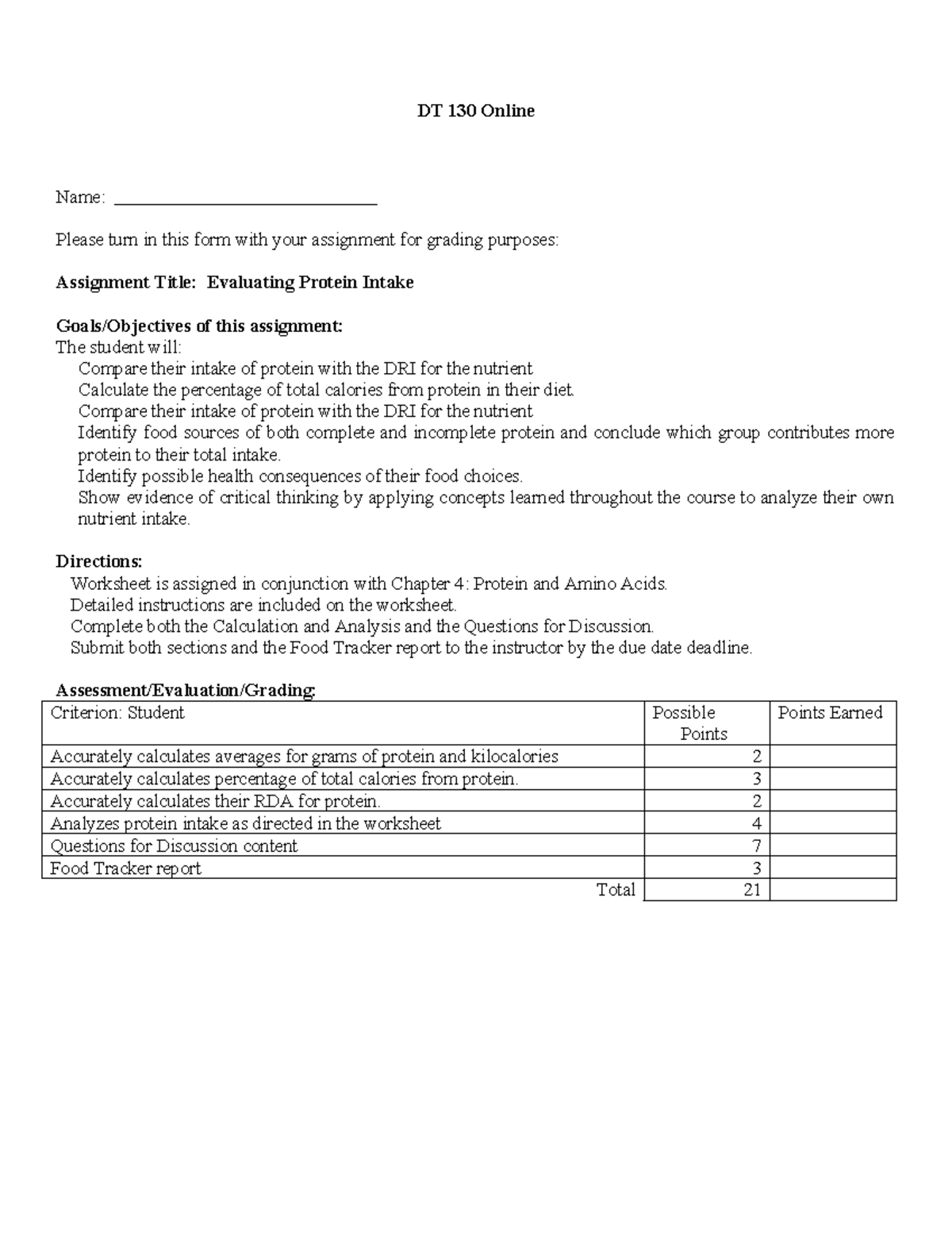 DT 130 Online: Evaluating Protein Intake Analysis & Calculations - Studocu