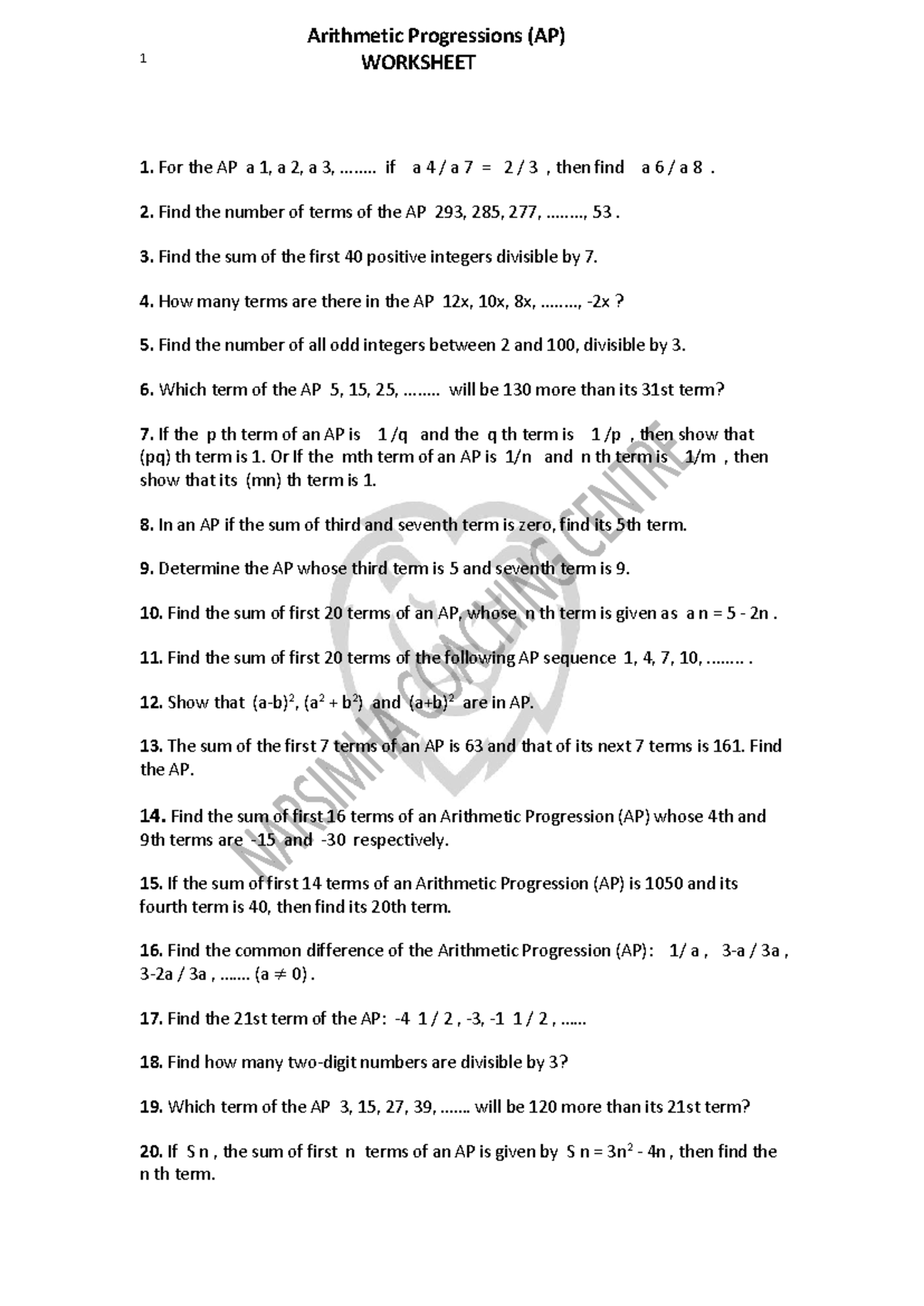 Arithmetic Progressions (AP) Worksheet 1 & 2 Solutions - Studocu