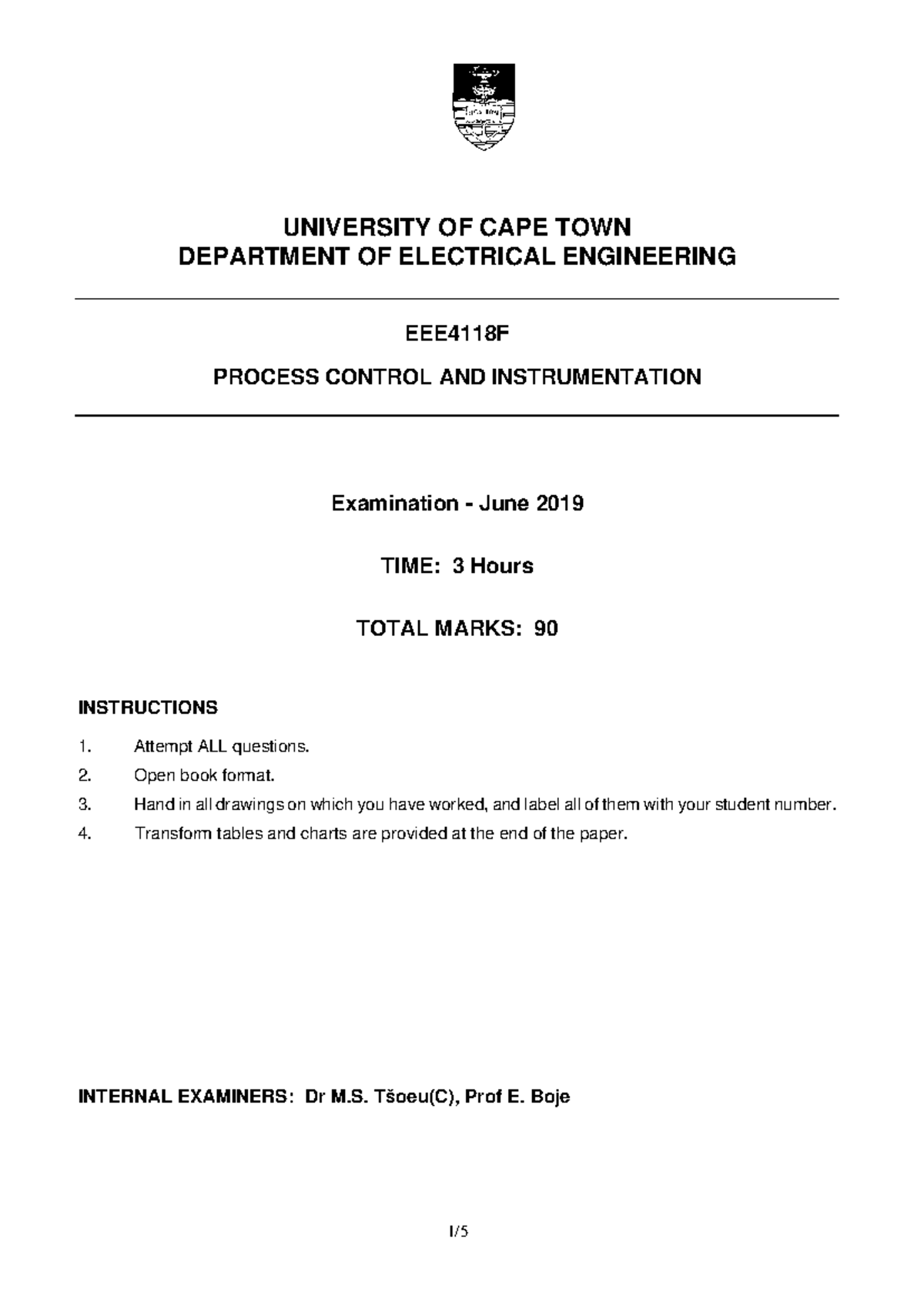 EEE4118F Process Control & Instrumentation Exam June 2019 - Studocu