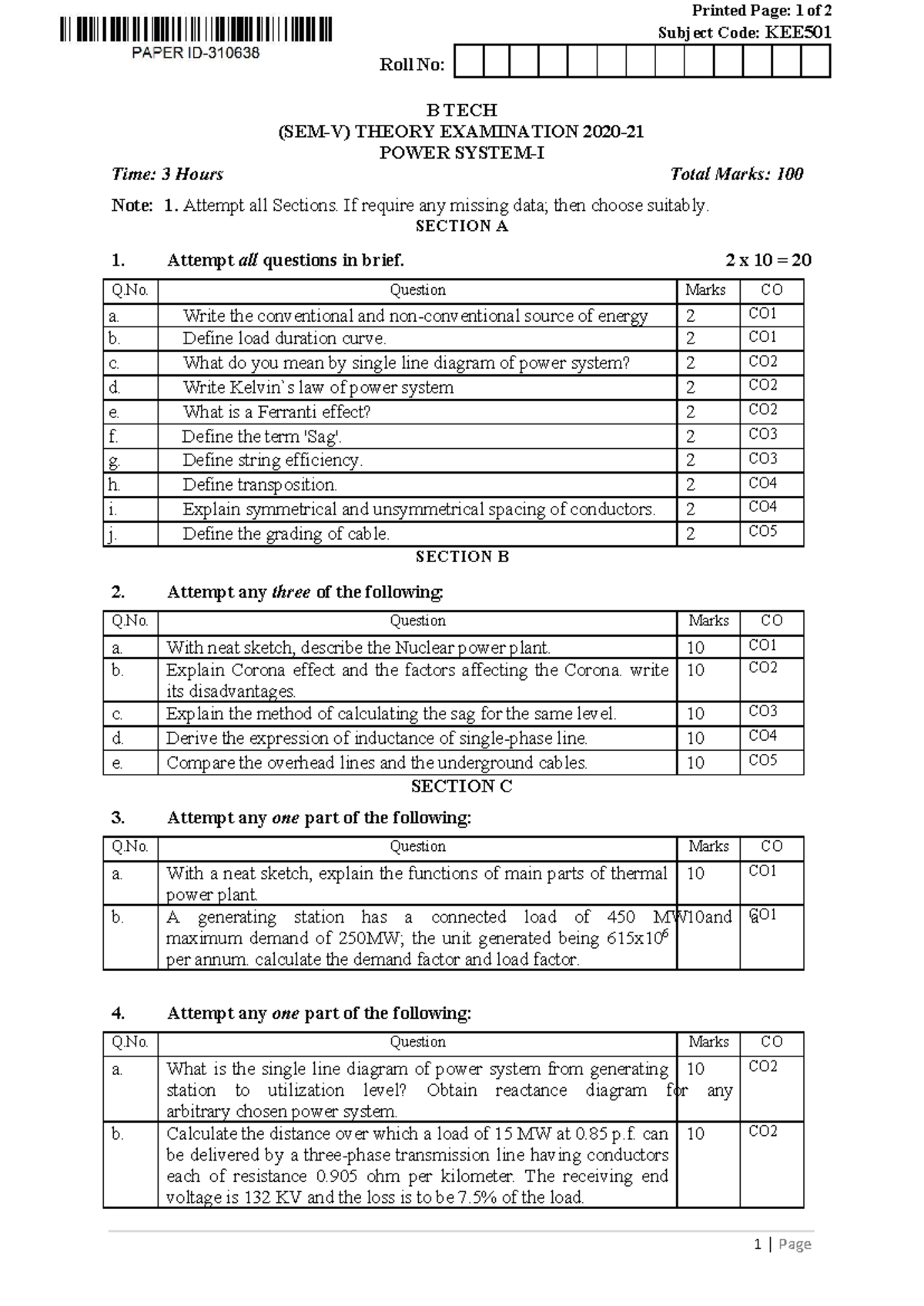 Btech ee 5 sem power system 1 kee501 2021 - Printed Page: 1 of 2 ...