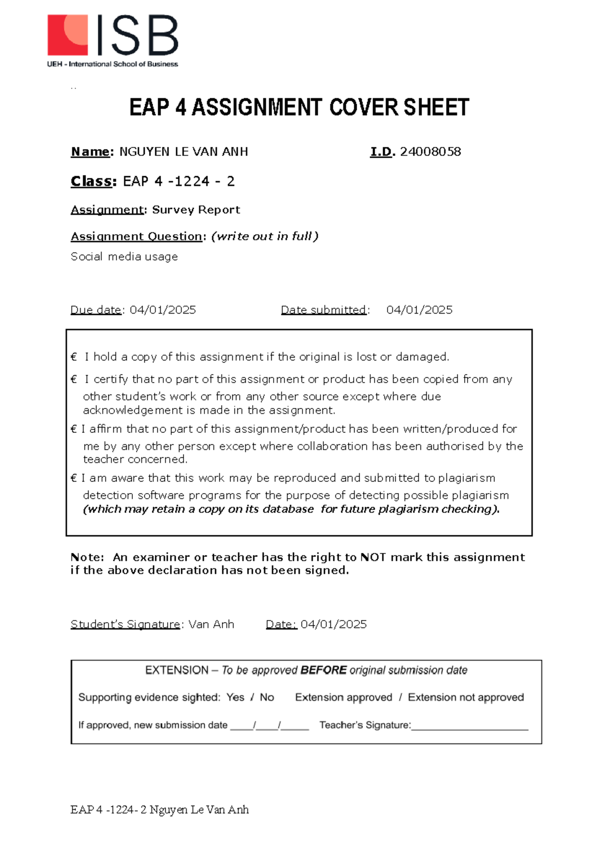Survey report - Nguyen LE VAN ANH.docx - .. EAP 4 ASSIGNMENT COVER ...