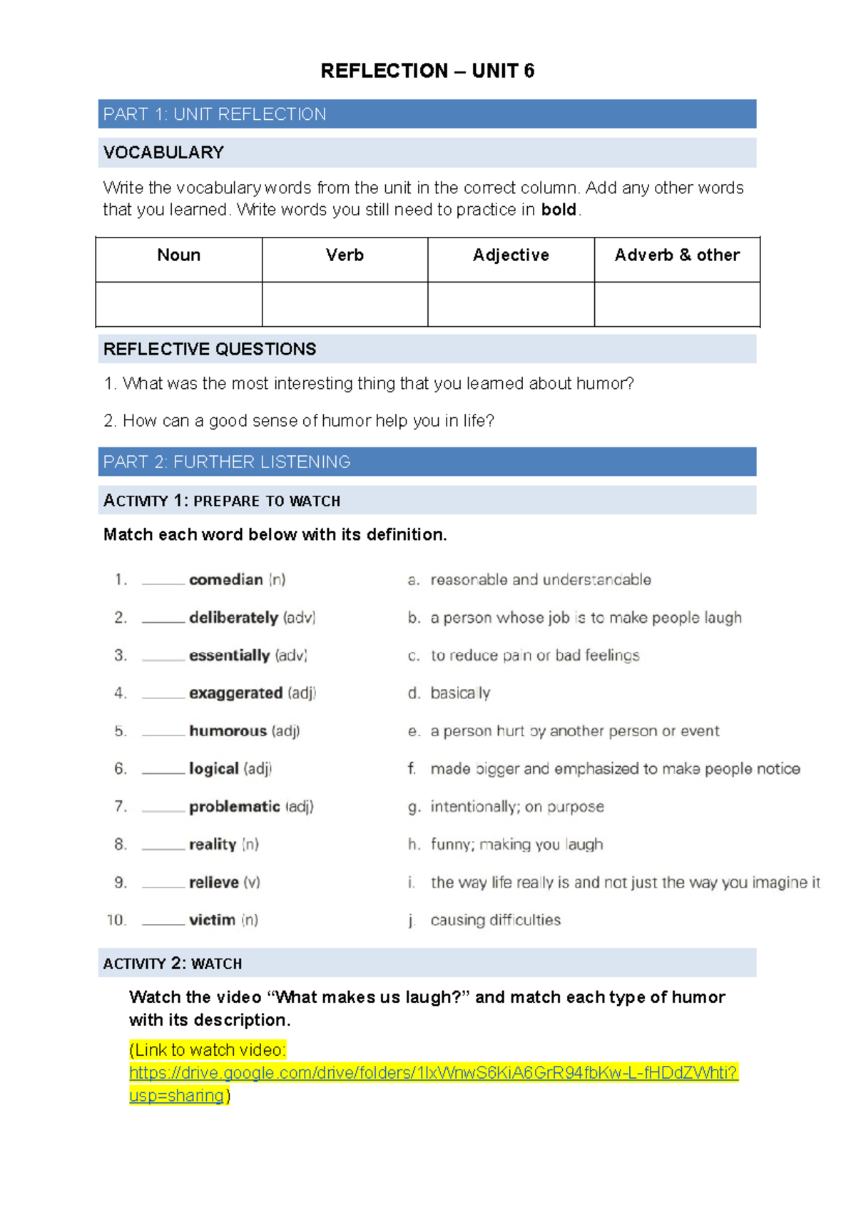 REFLECTION UNIT 6 PART 1: VOCABULARY & QUESTIONS (765d1204419) - Studocu