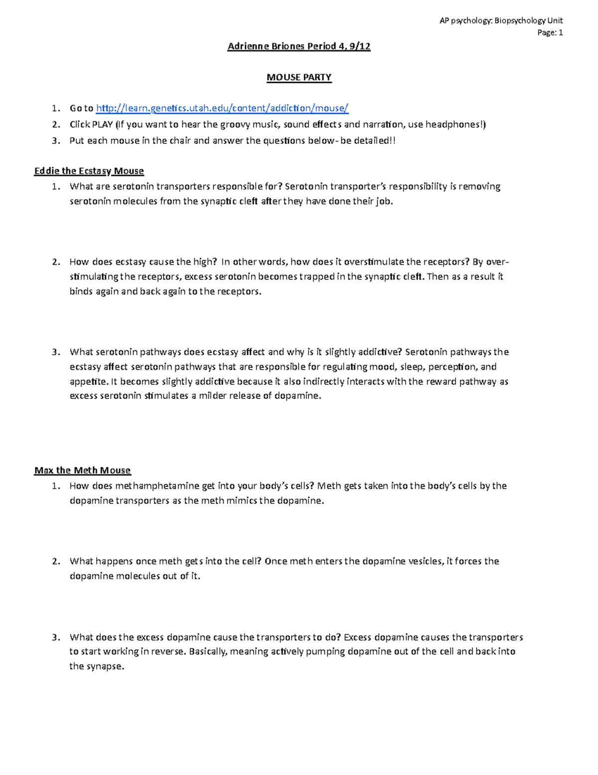 Mouse Party assignment - Page: 1 Adrienne Briones Period 4, 9/ MOUSE ...