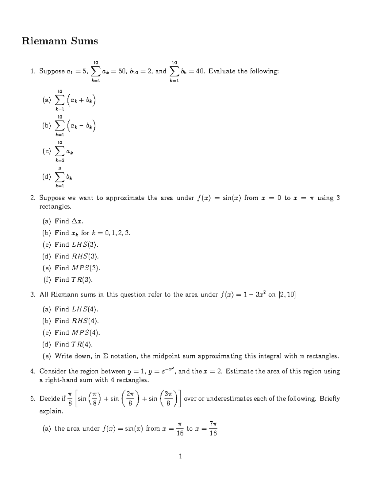 Riemann Sums Calculations and Approximations - Math 101 Final Exam ...