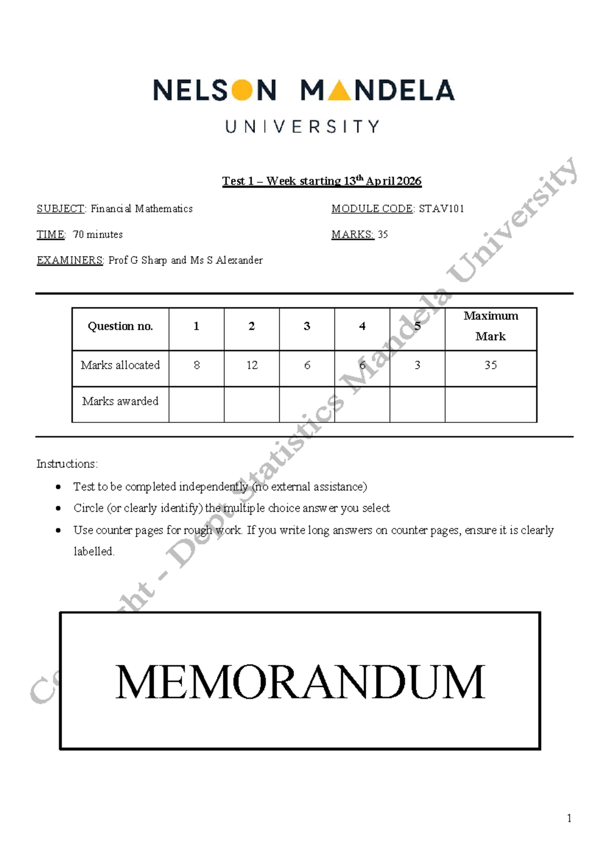 STAV101 Test 1 Memo - Financial Mathematics (Week of 13th April 2026 ...