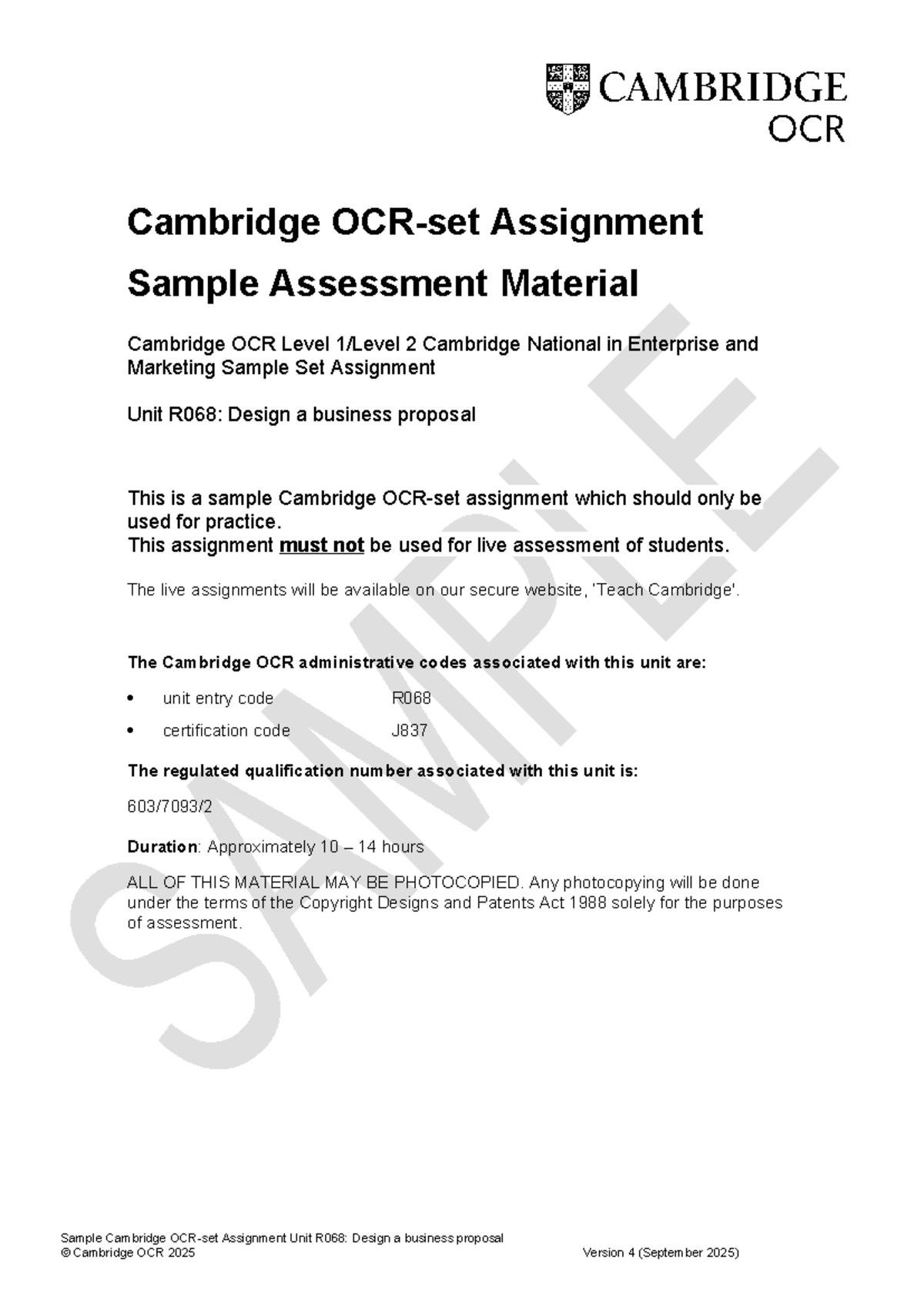 Cambridge OCR Level 2 R068: Business Proposal Design Assignment Sample ...