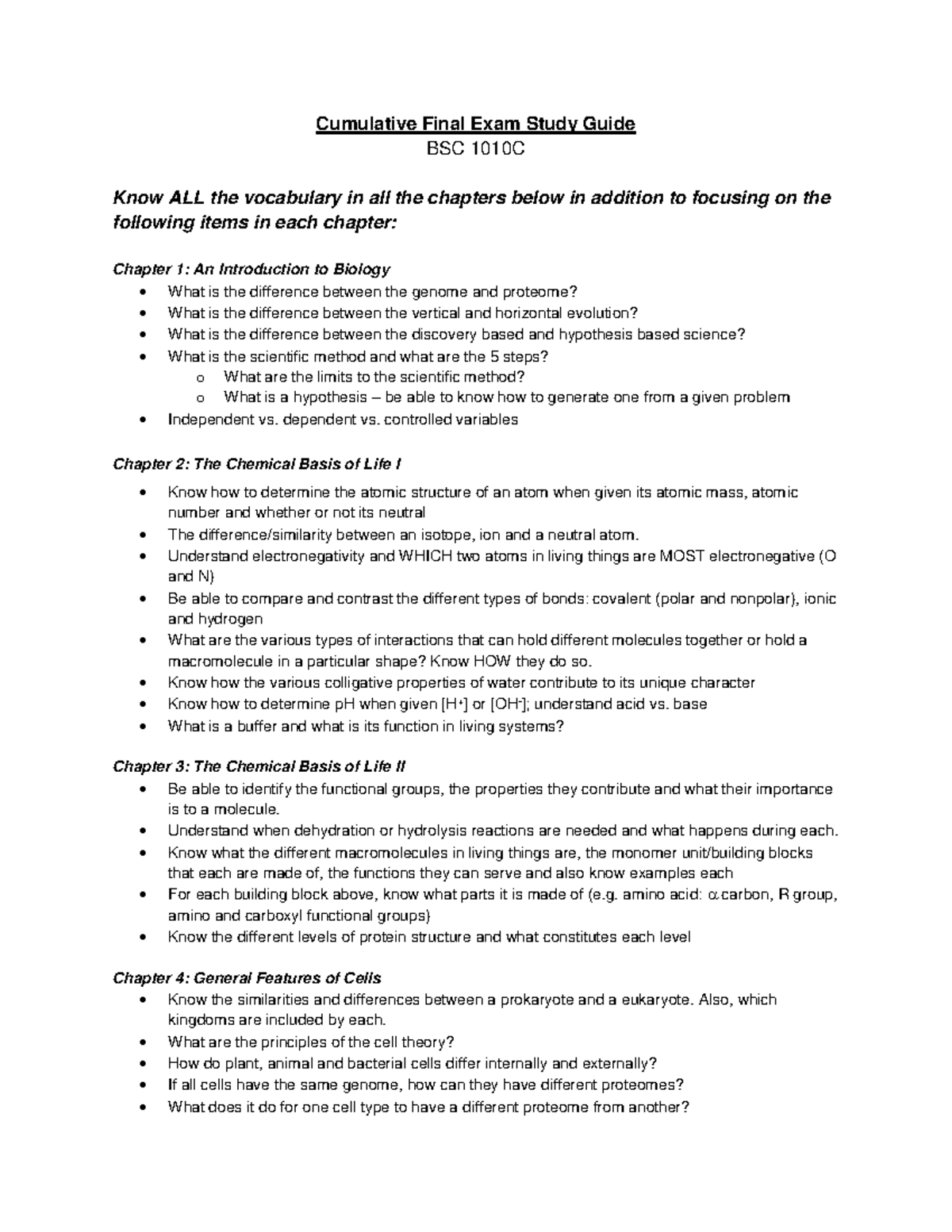 Cumulative Final Exam Study Guide for BSC 1010C - Cumulative Final Exam Study Guide BSC 1010C ...