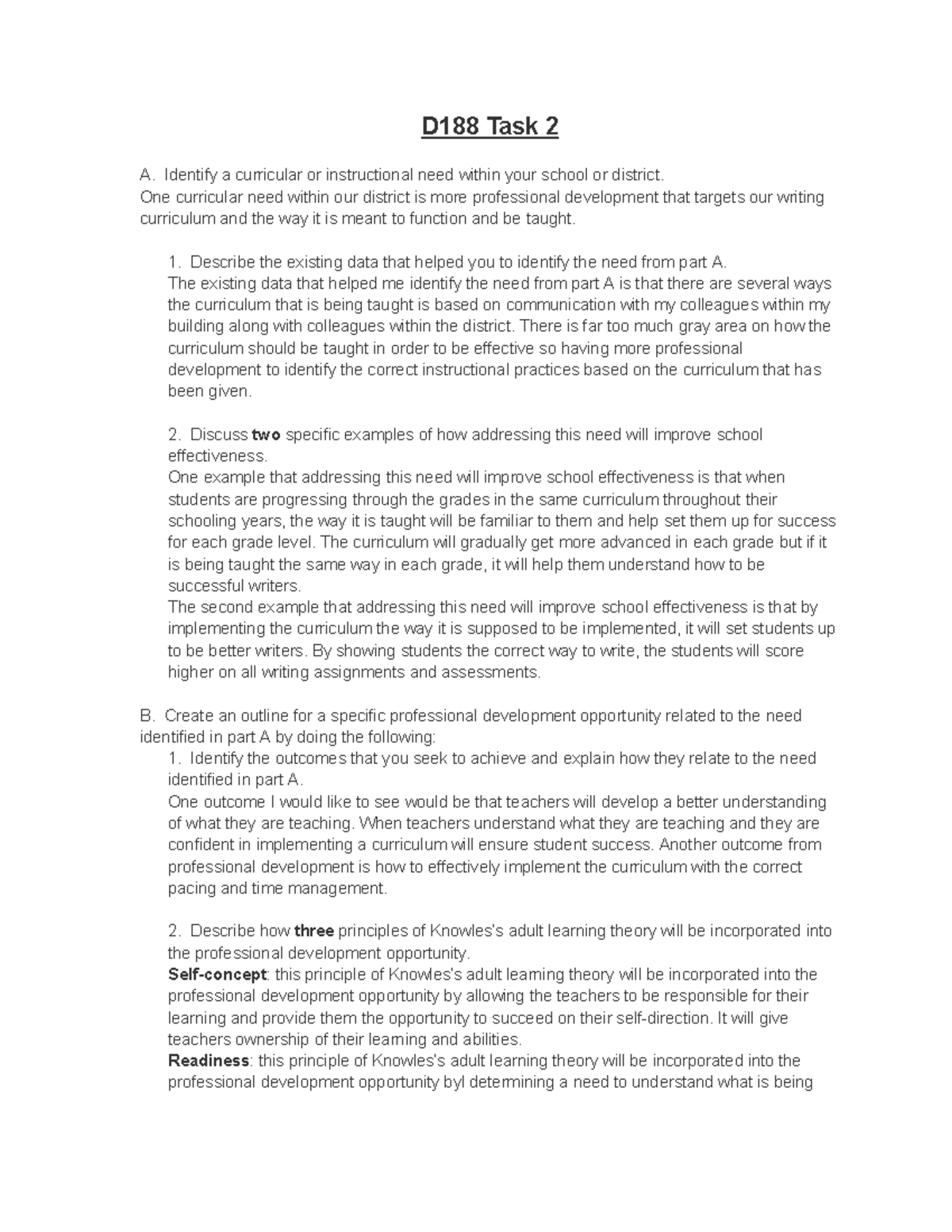 D188 Task 2: Enhancing Writing Curriculum Through PD Strategies - Studocu