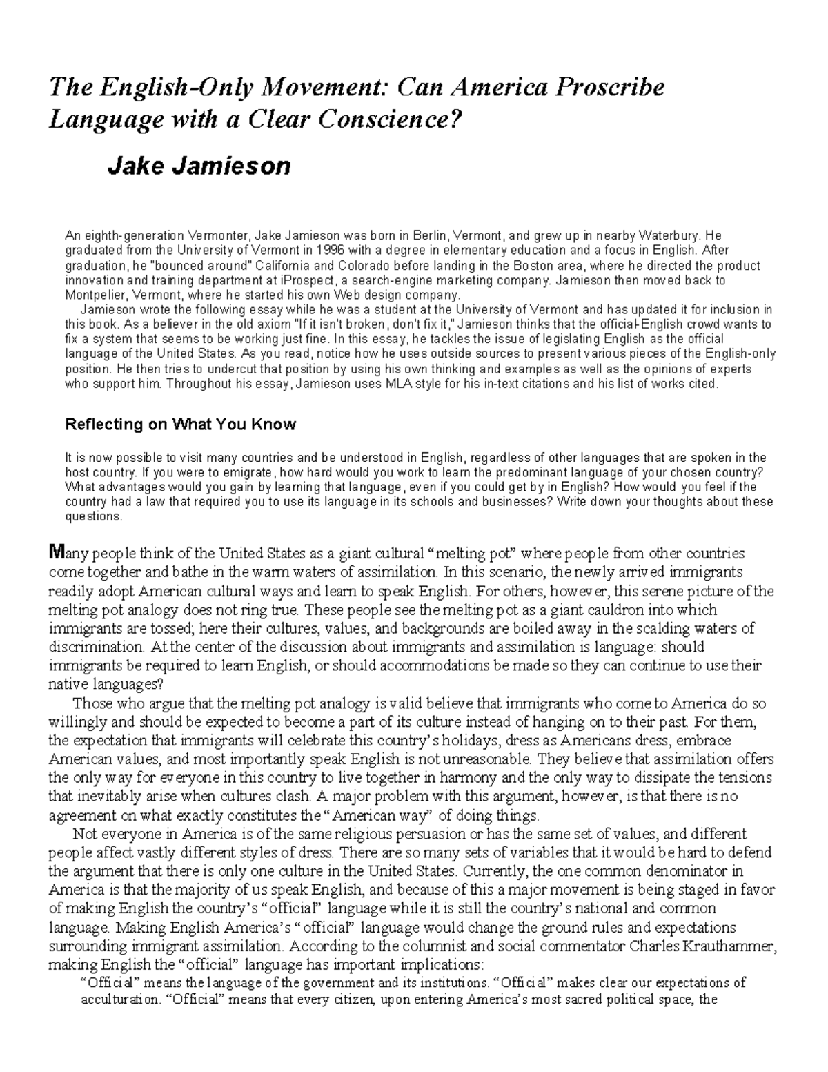 ENG 101: Jake Jamieson's Essay on the English-Only Movement - Studocu