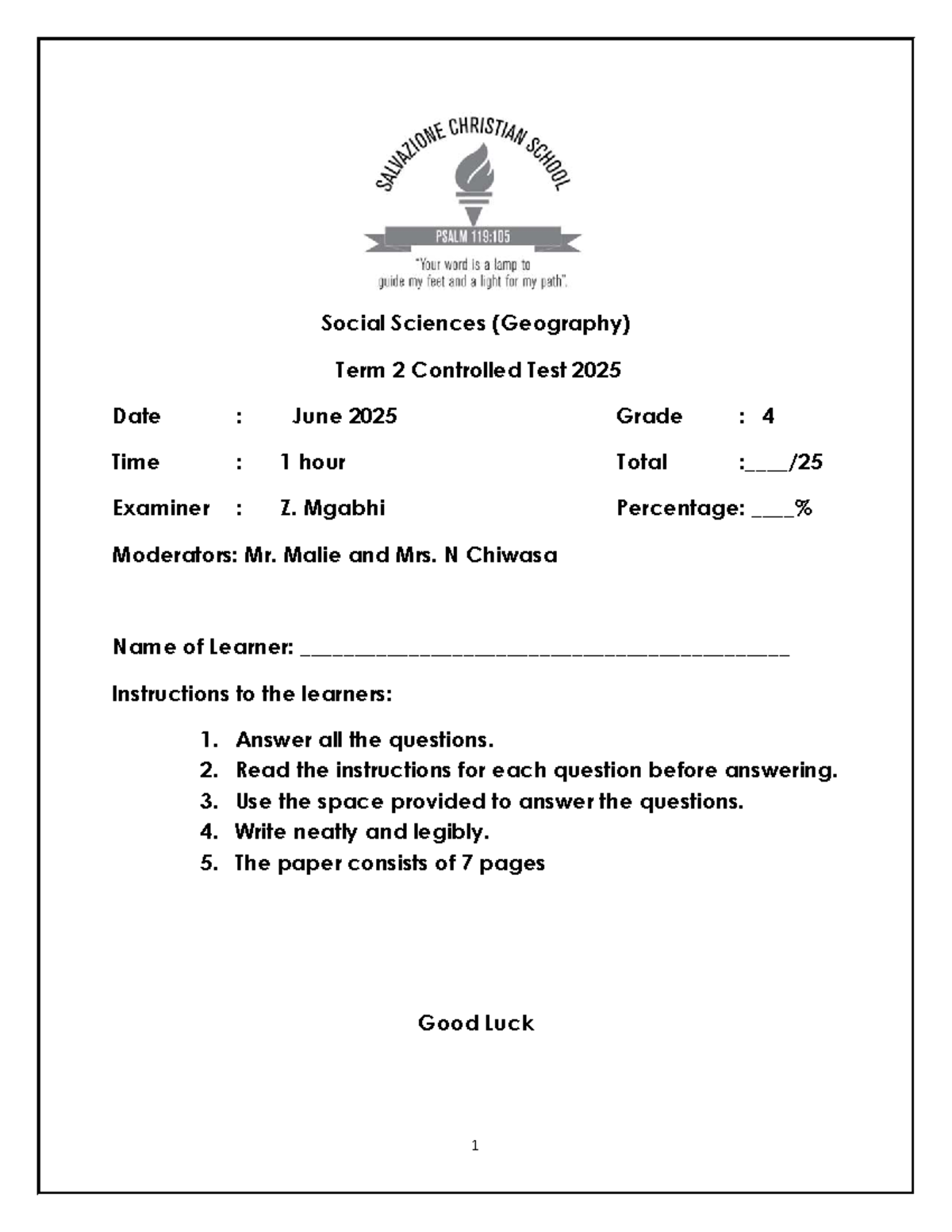 Grade 4 Geography Term 2 Controlled Test 2025 - Studocu