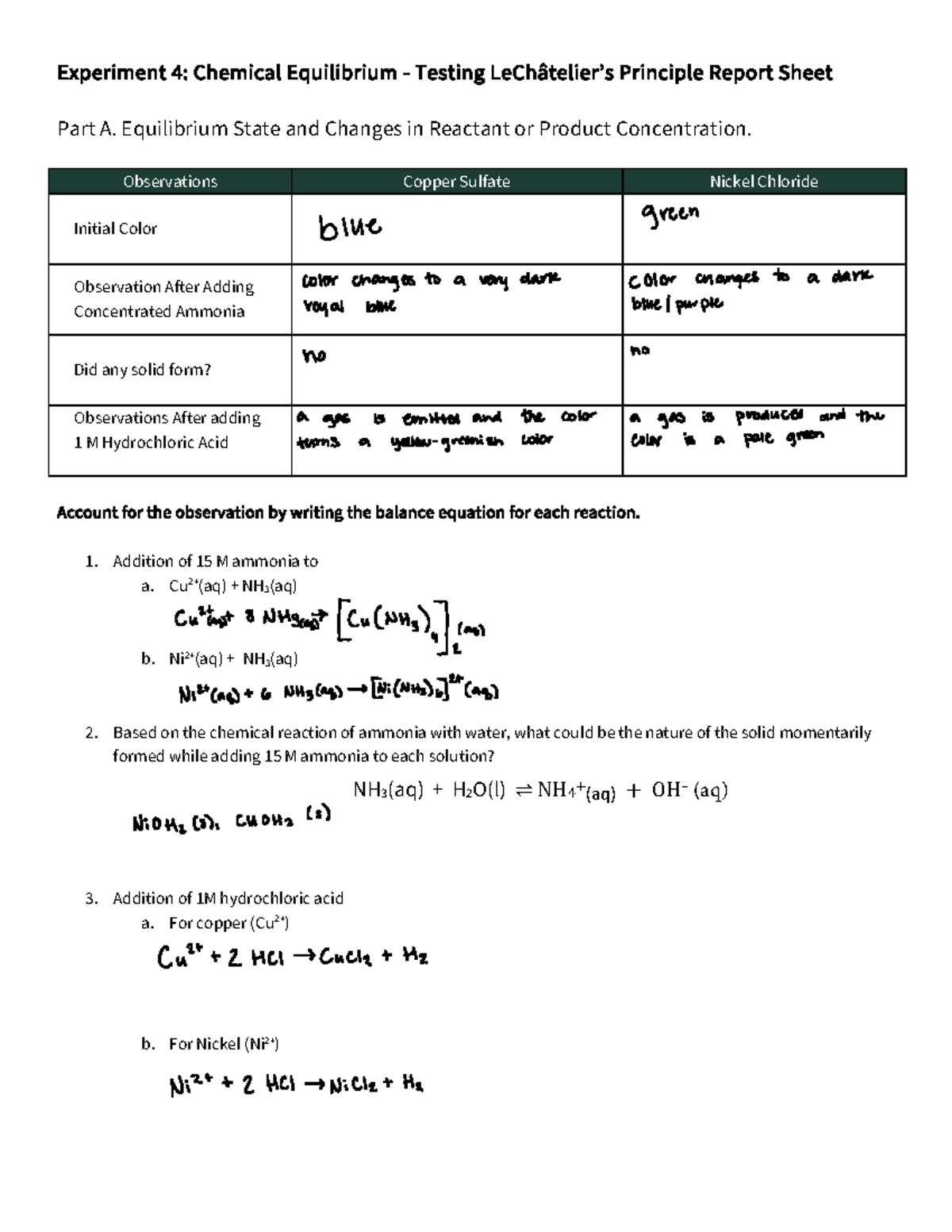 Experiment 4 - Chemical Equilibrium Report Sheet Analysis - Studocu