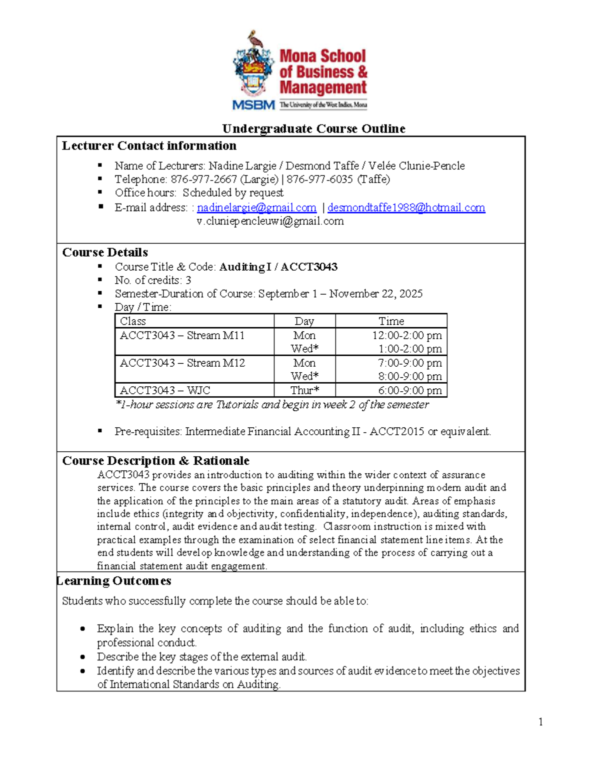Auditing I ACCT3043 Course Outline and Schedule for 2025 - Studocu