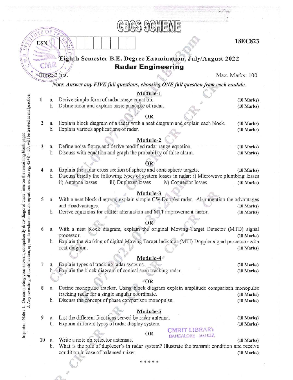 CBCS 18EC823 Radar Engineering Model Question Paper - 8th Sem B.E ...