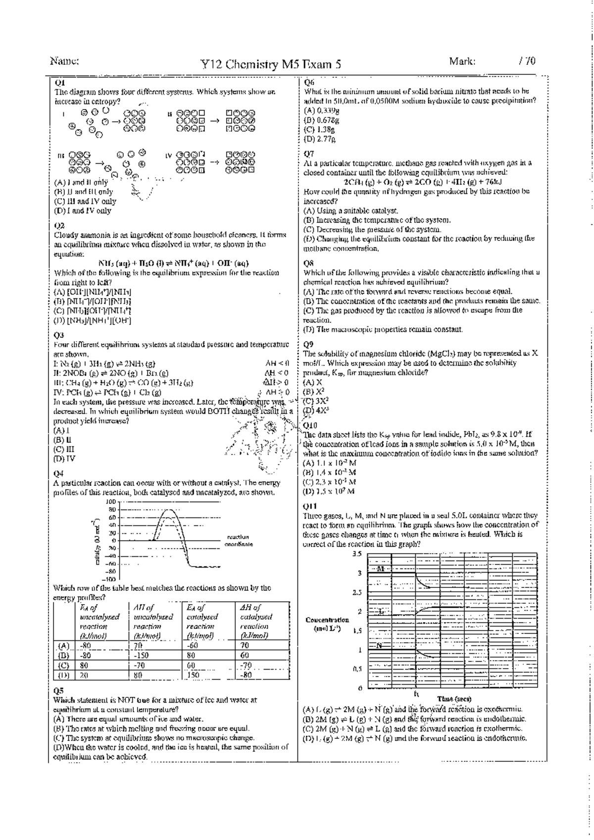 Y12 Chemistry M5 Practice Exam 2022: Entropy, Equilibrium & Ksp ...