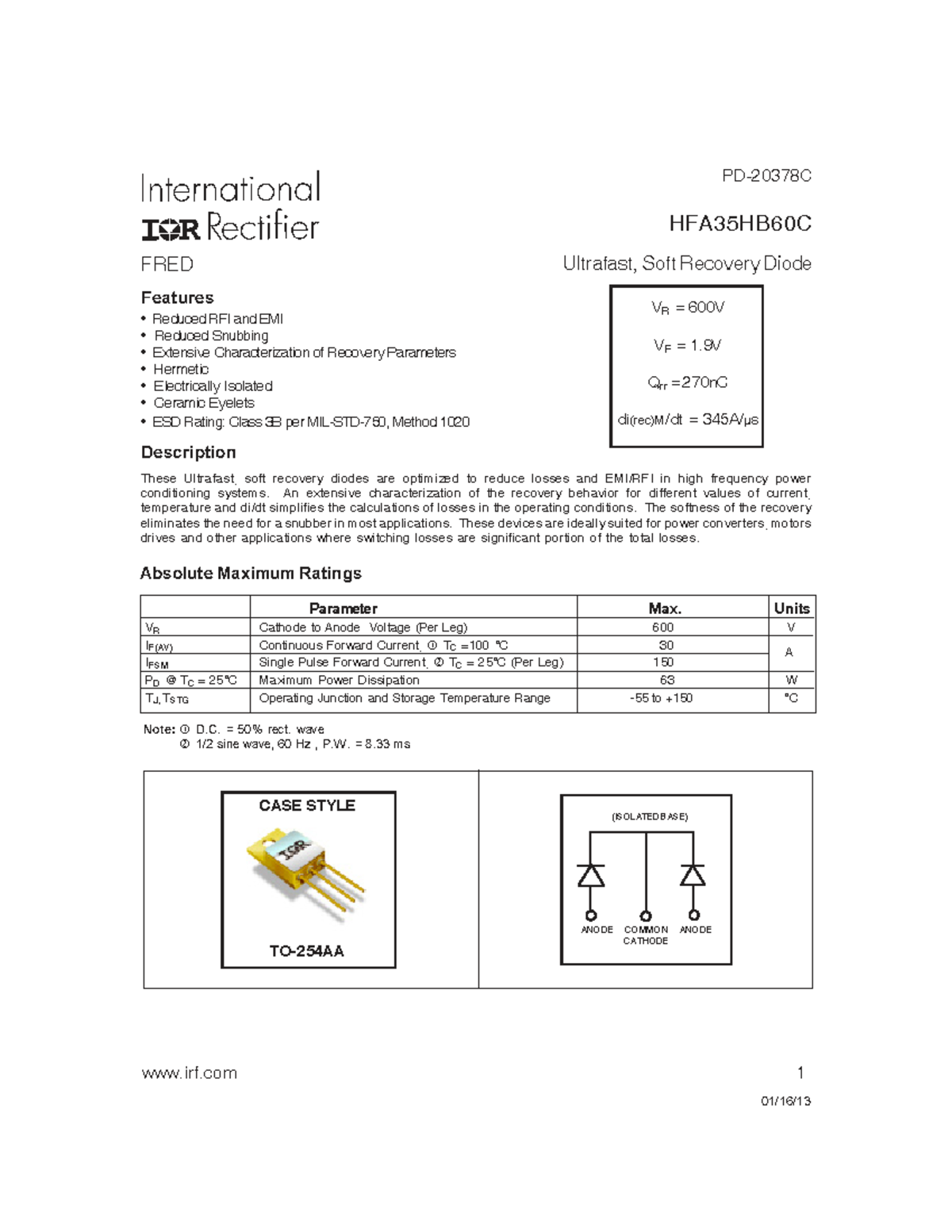 HFA35HB60C Ultrafast Soft Recovery Diode Characteristics and Ratings ...