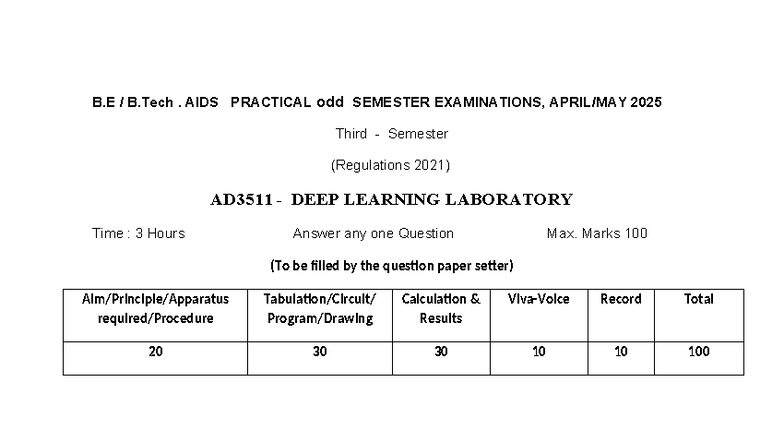 B.E B.Tech AD3511 Deep Learning Lab Practical Exam Questions 2025 - Studocu