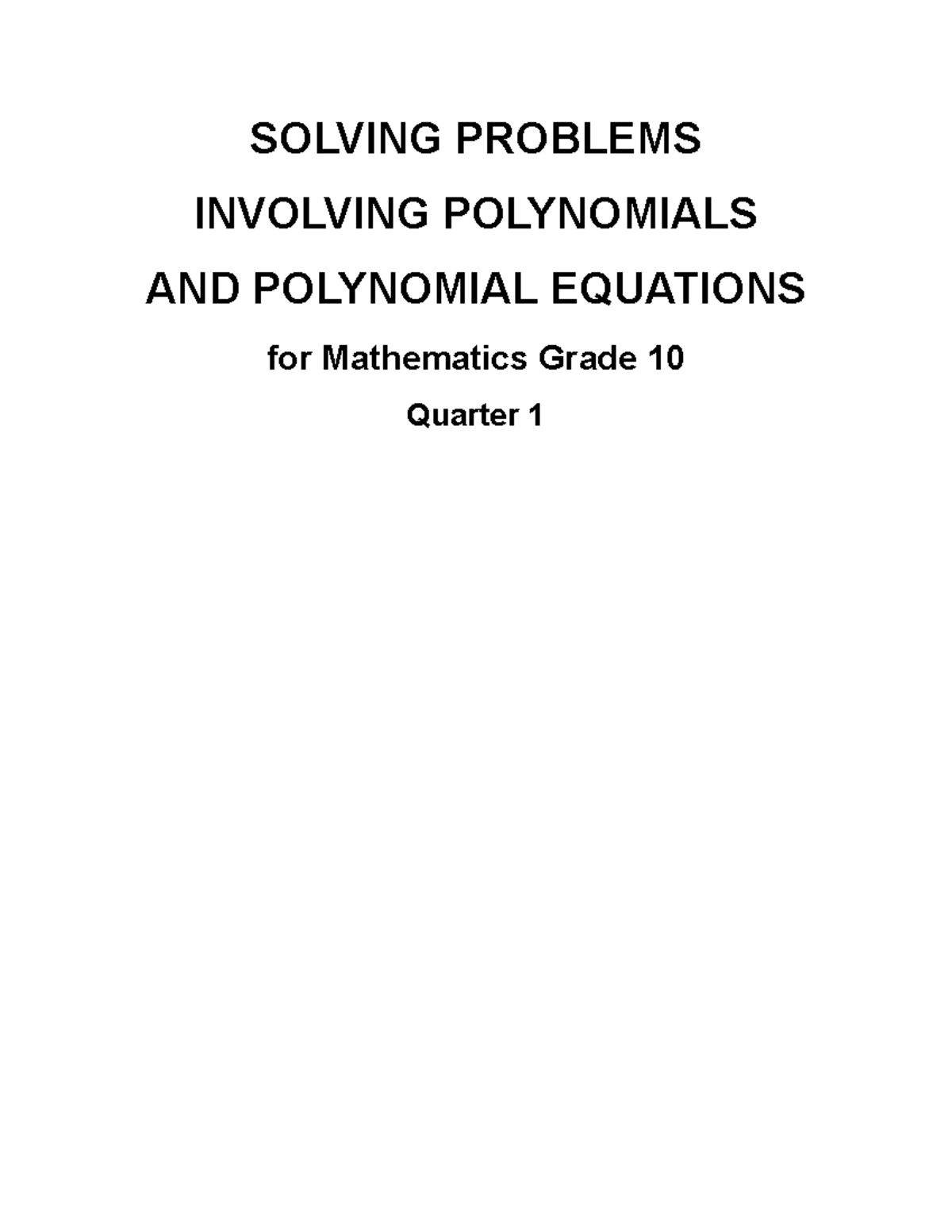 Mathematics Grade 10: Solving Problems with Polynomials - Lesson 1 ...