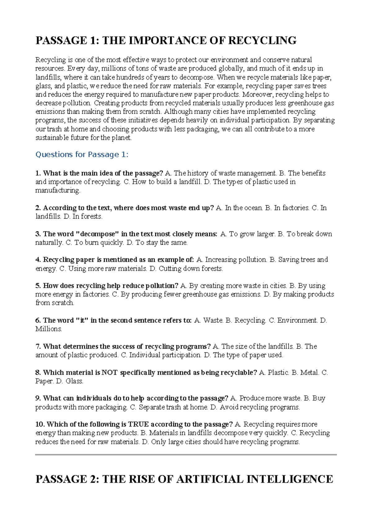 PASSAGE 1: THE IMPORTANCE OF RECYCLING - Reading Comprehension ...