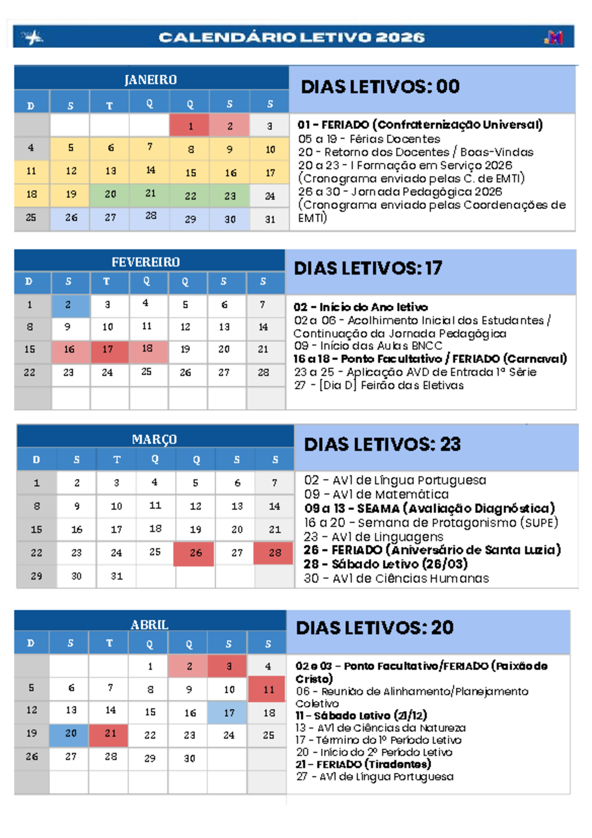 Calendário Letivo 2026 - JMM - Bloco de Notas - Studocu