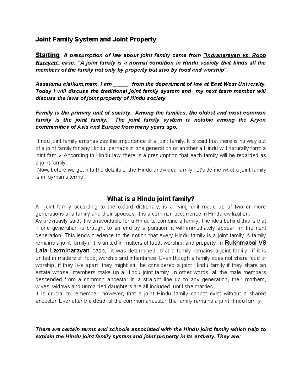 Joint Family System & Property Laws in Hindu Society - Law 101 - Studocu