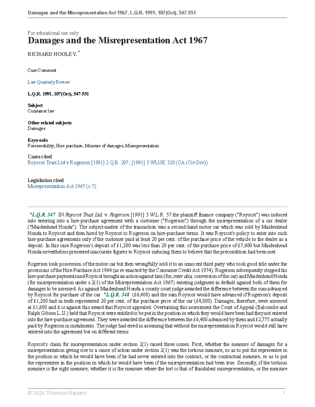 Case Comment: Damages under the Misrepresentation Act 1967 (L.Q. 1991 ...