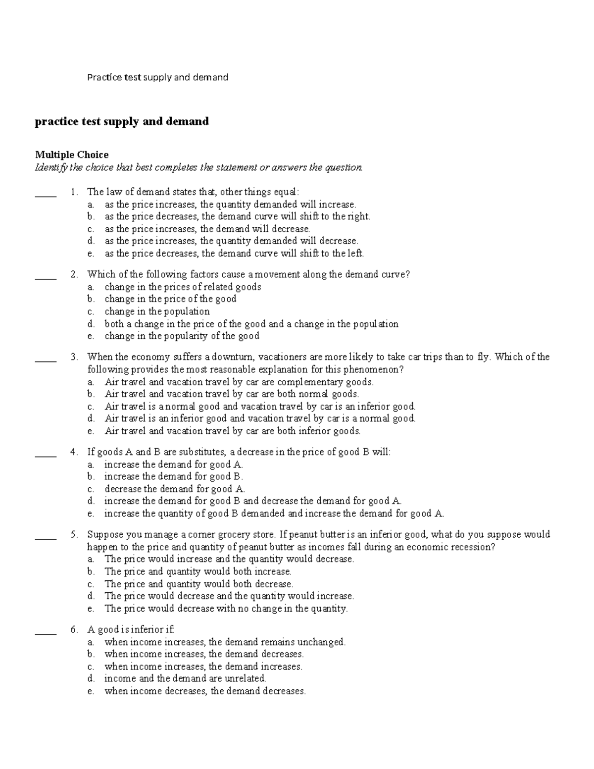 Practice test supply and demand - Practice test supply and demand ...