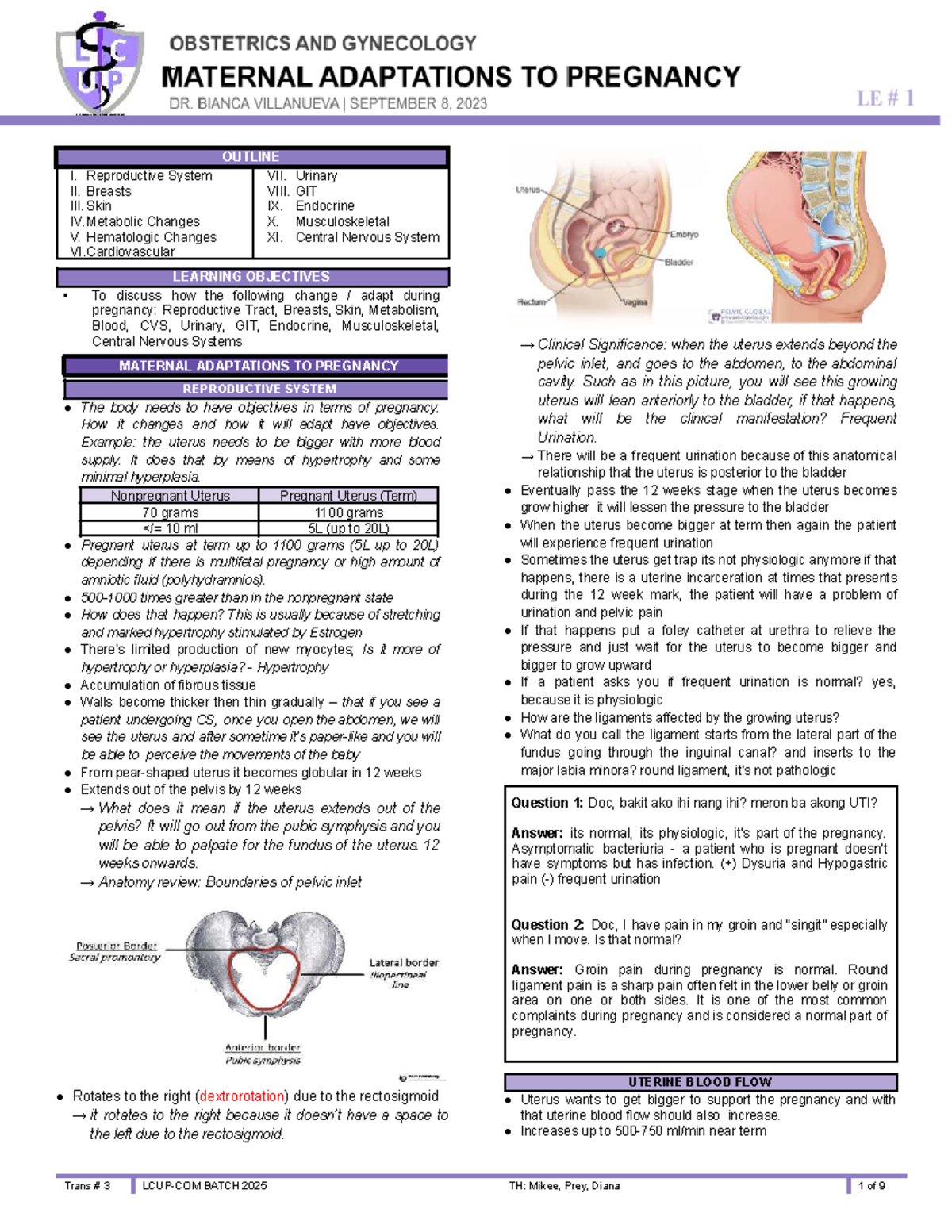 OB GYN 1.03 Maternal Adaptations to Pregnancy: Physiological Changes ...