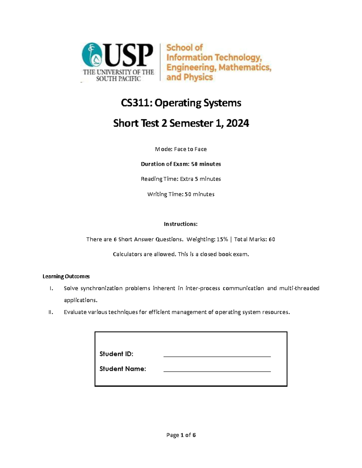 CS311: Operating Systems Short Test 2 Solutions - Semester 1, 2024 ...