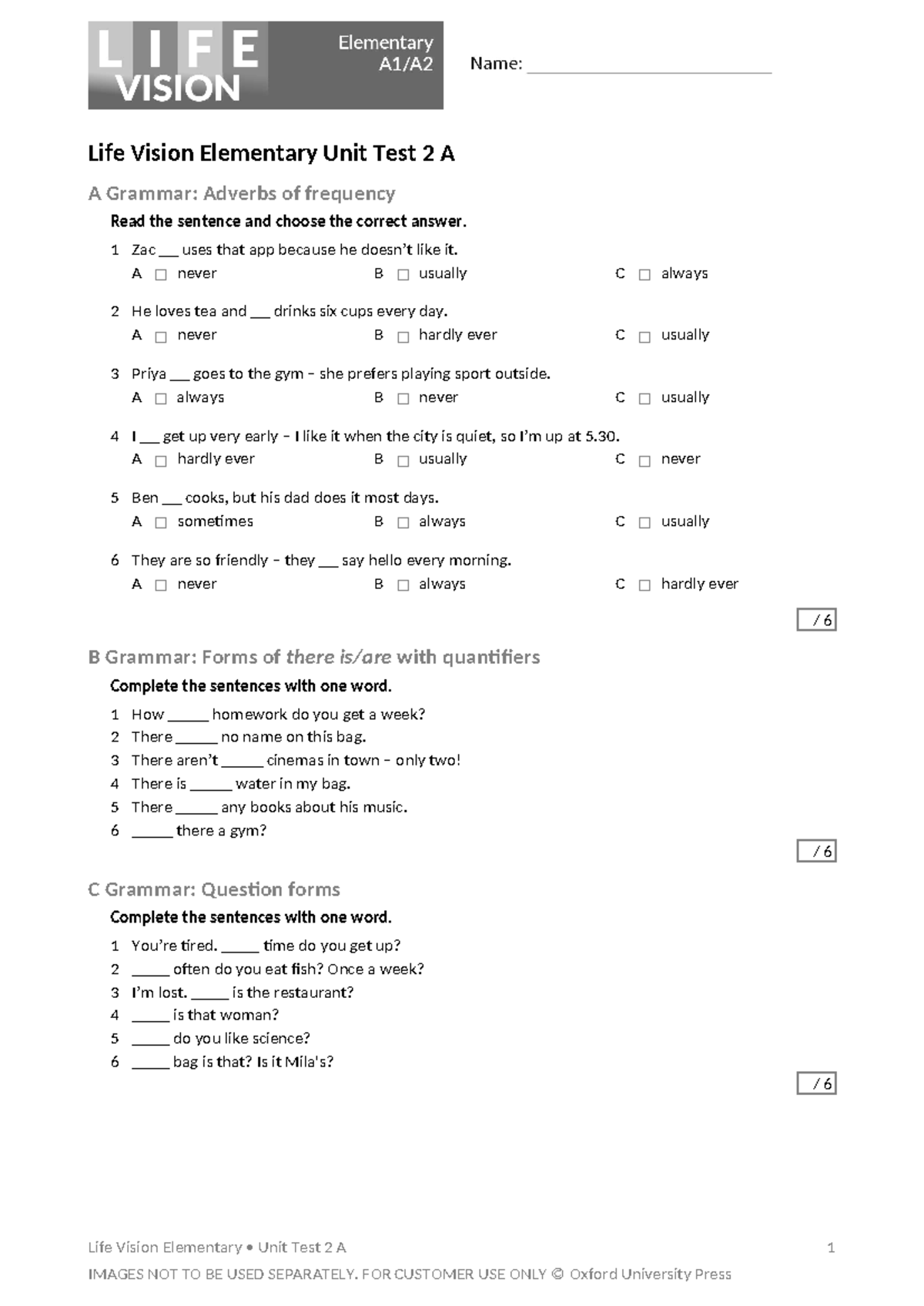 Life Vision Elementary Unit Test 2: Grammar & Vocabulary Exercises ...