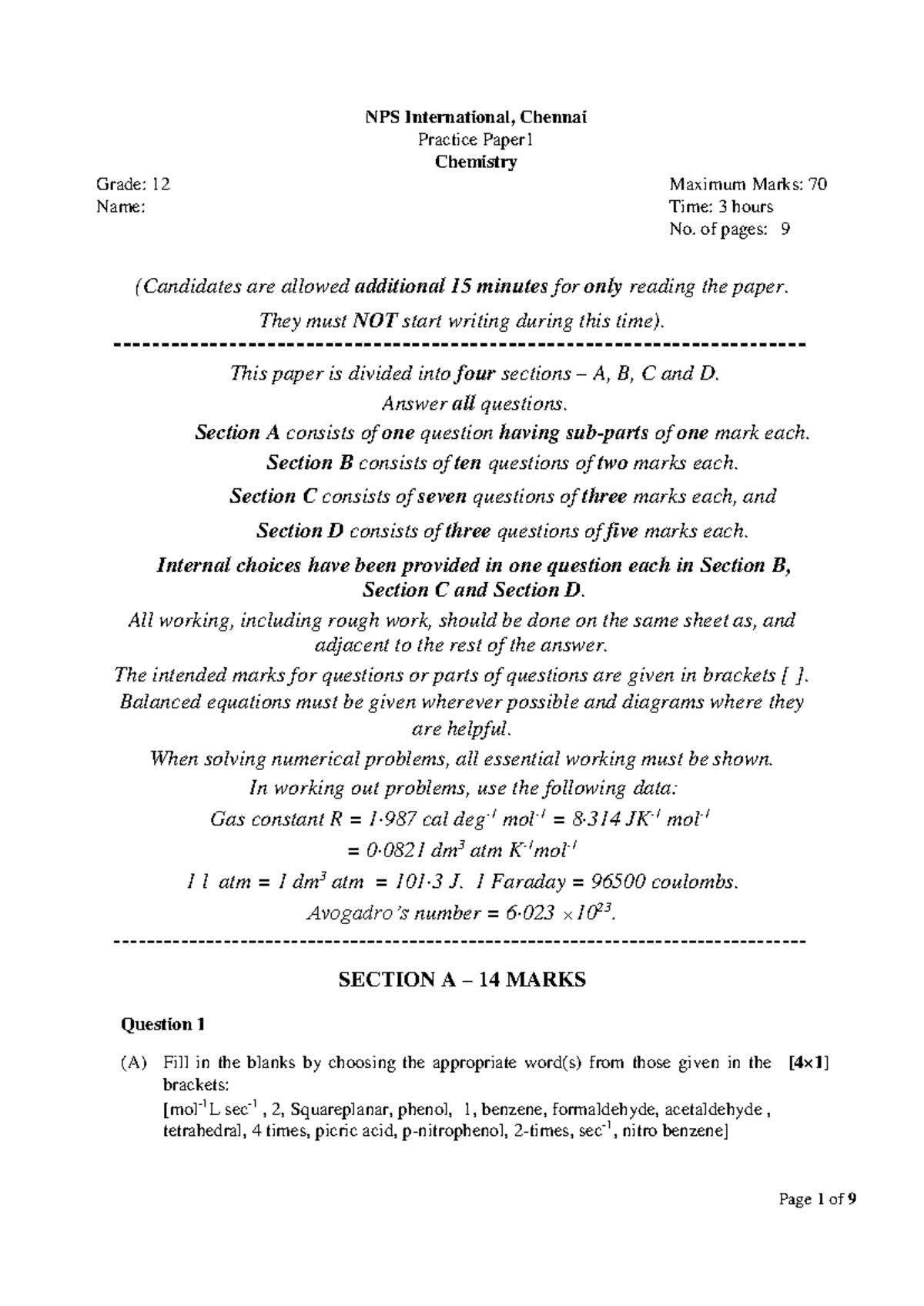 Grade 12 practice paper 1 QP Chemistry - NPS International, Chennai ...