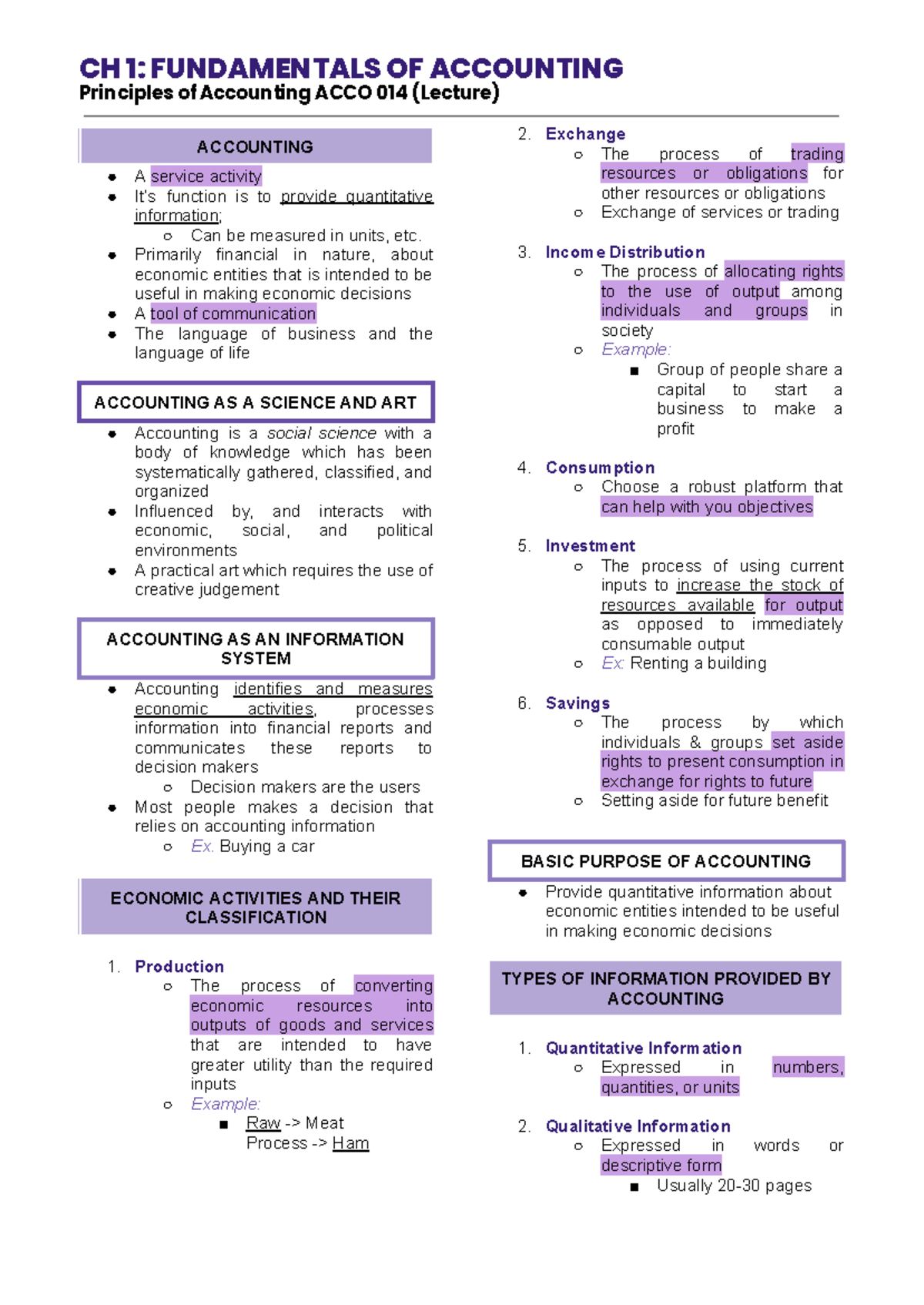ACCO 014: Lecture Notes on Fundamentals of Accounting Principles - Studocu