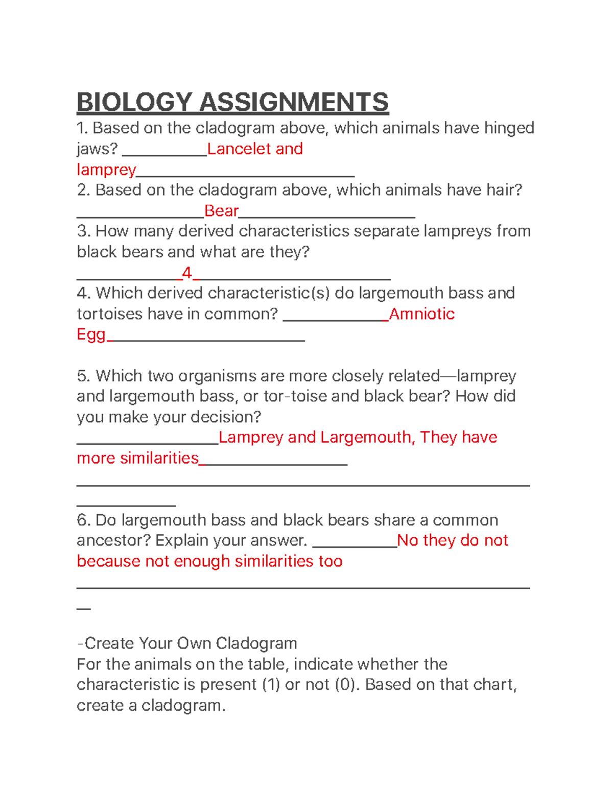 Biology Assignments - BIOLOGY ASSIGNMENTS Based on the cladogram above ...