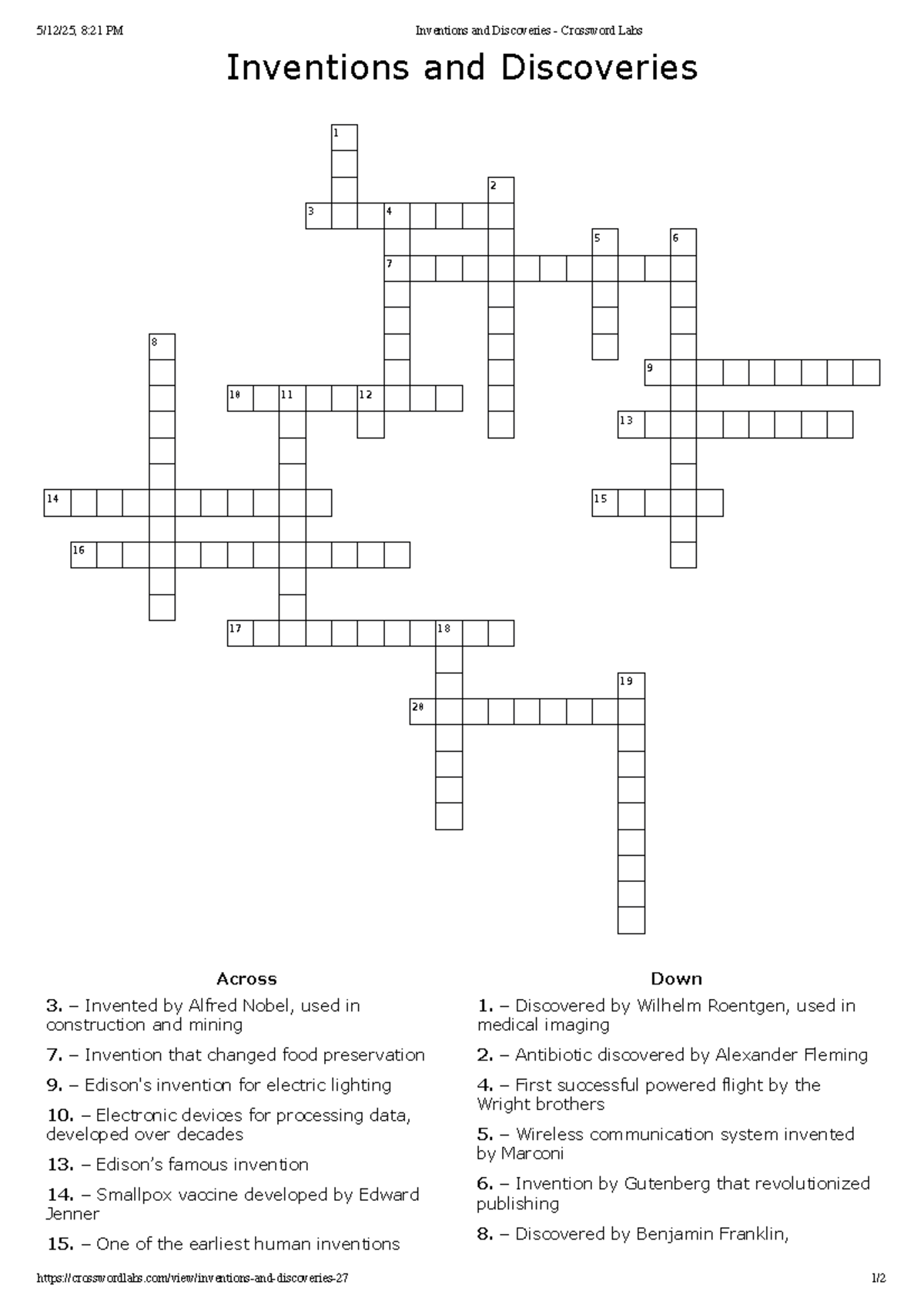 Inventions and Discoveries Crossword Lab - 8:21 PM Session - Studocu