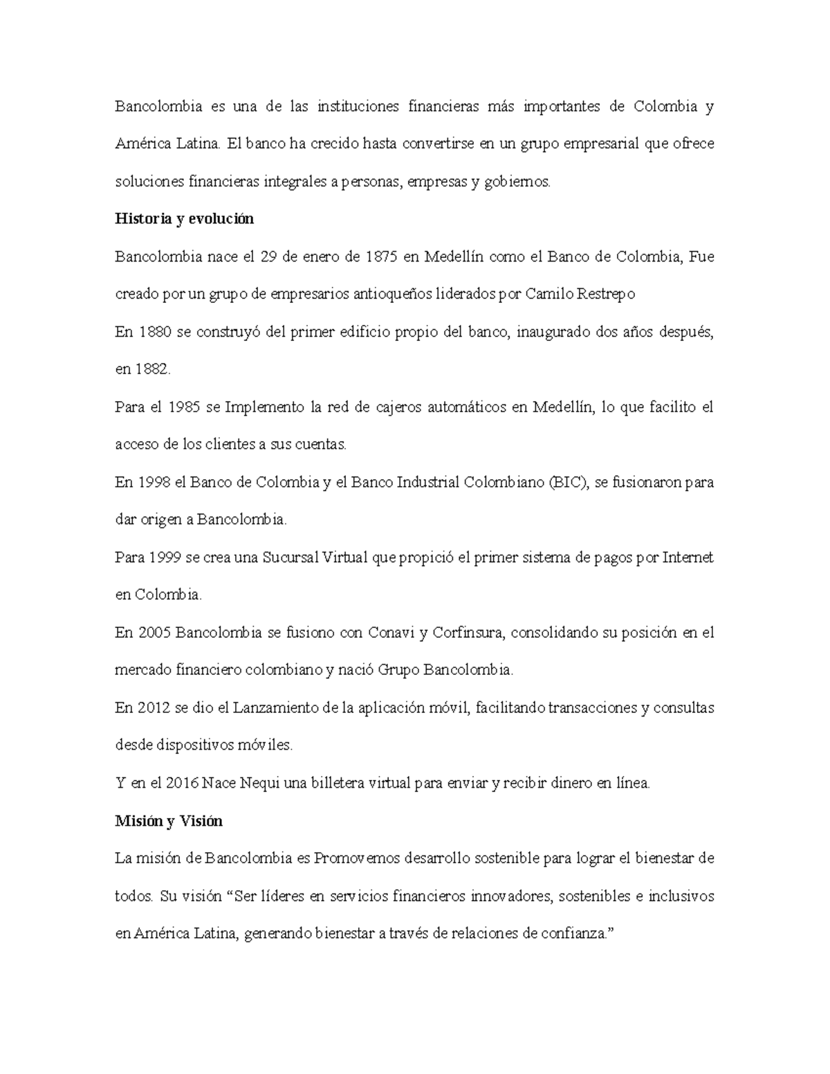 Investigación sobre Bancolombia: Historia, Misión y Cultura ...
