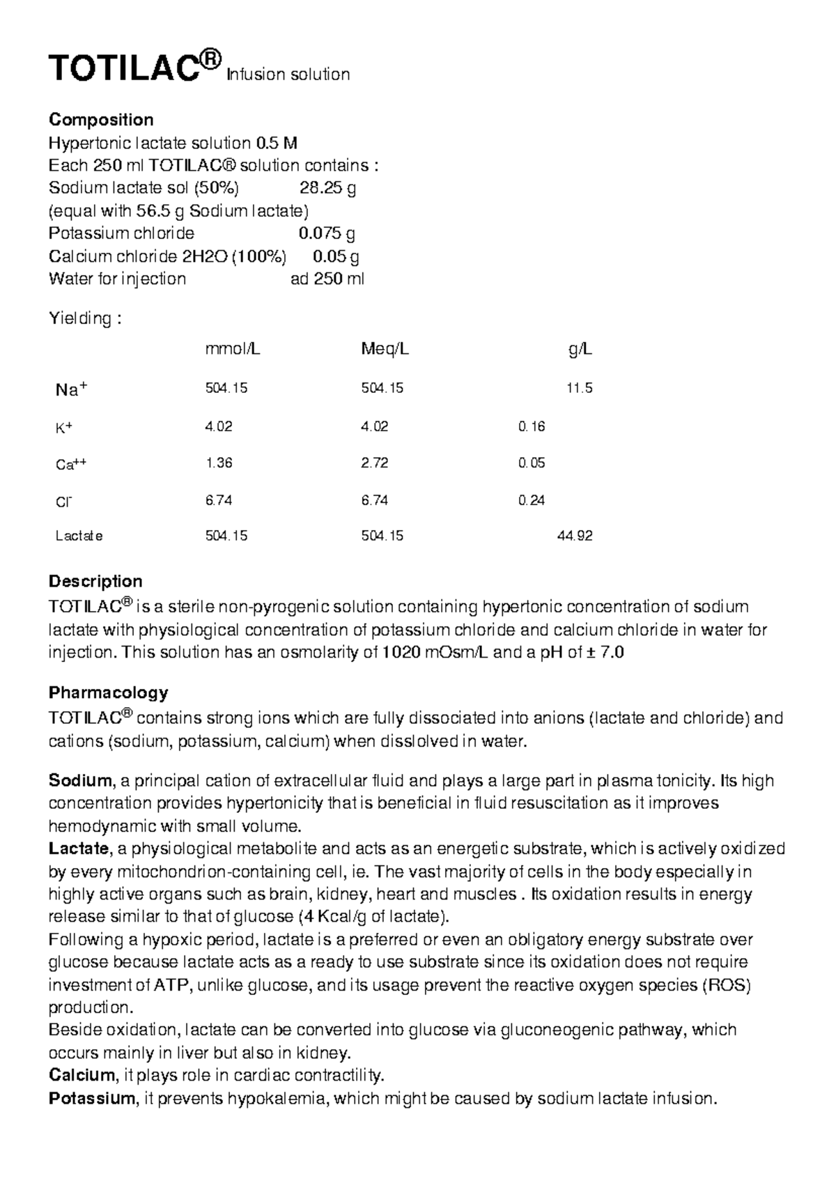 TOTILAC 0.5 M Hypertonic Lactate Solution Composition and Use - Studocu