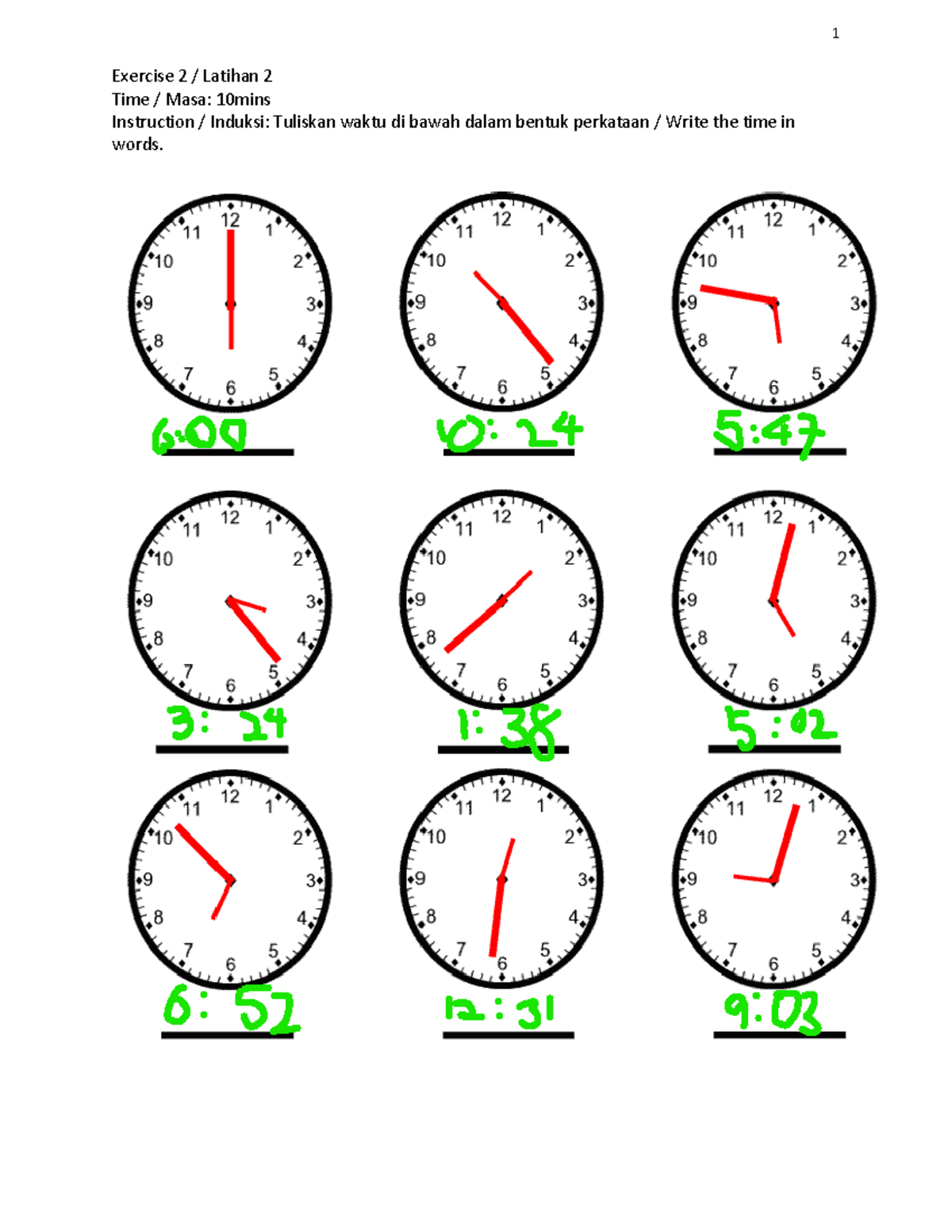 Time exercise - Malaysian Studies 2 - 1 Exercise 2 / Latihan 2 Time ...