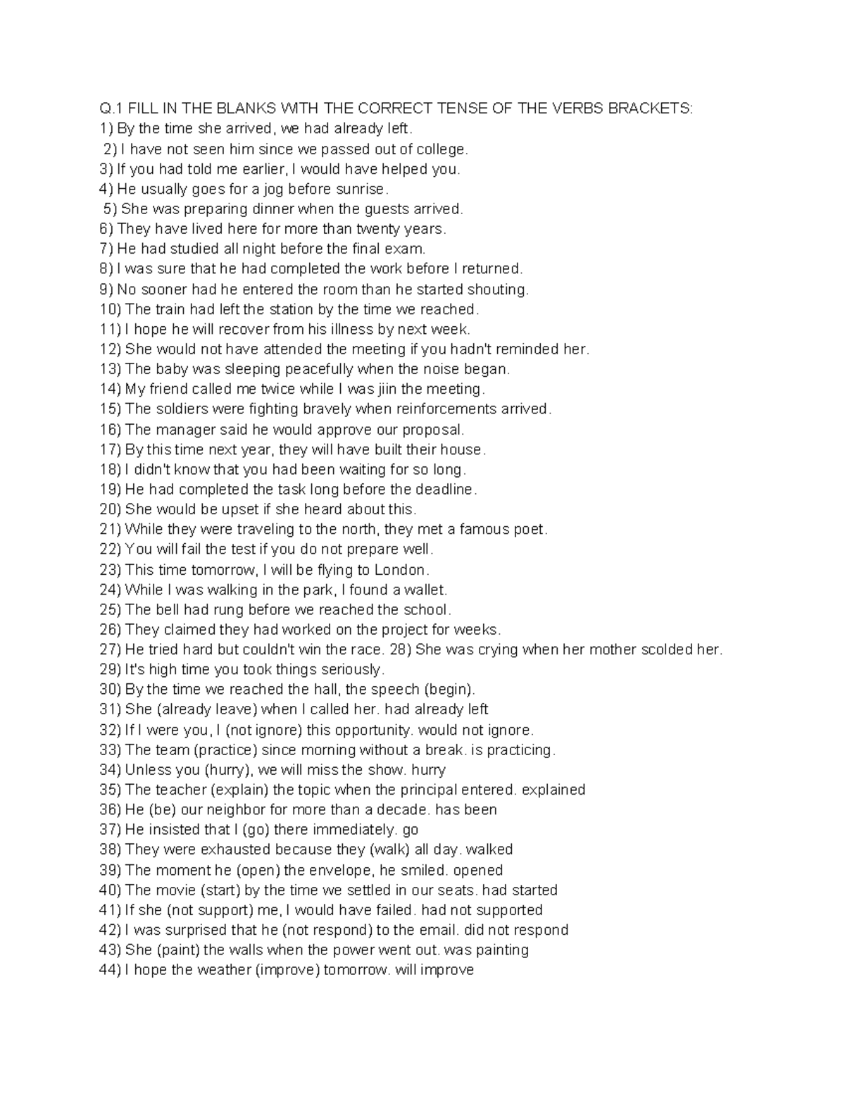 Gr X Grammar -1: Fill in the Blanks with Correct Verb Tenses - Studocu