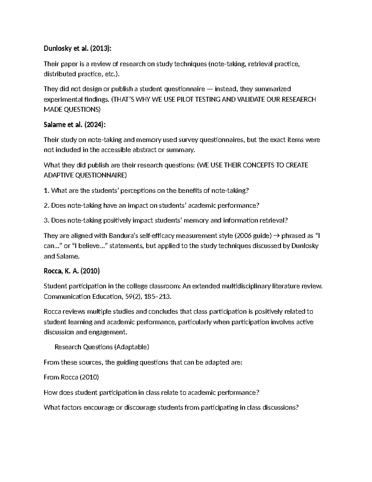 Adaptive Questionnaire on Study Techniques and Class Participation (EDU ...