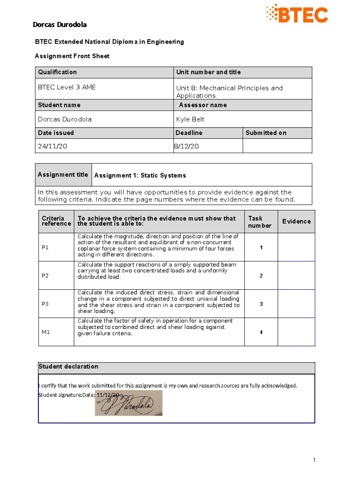 BTEC Level 3 AME Unit 8 Assignment 1: Static Systems Analysis - Studocu