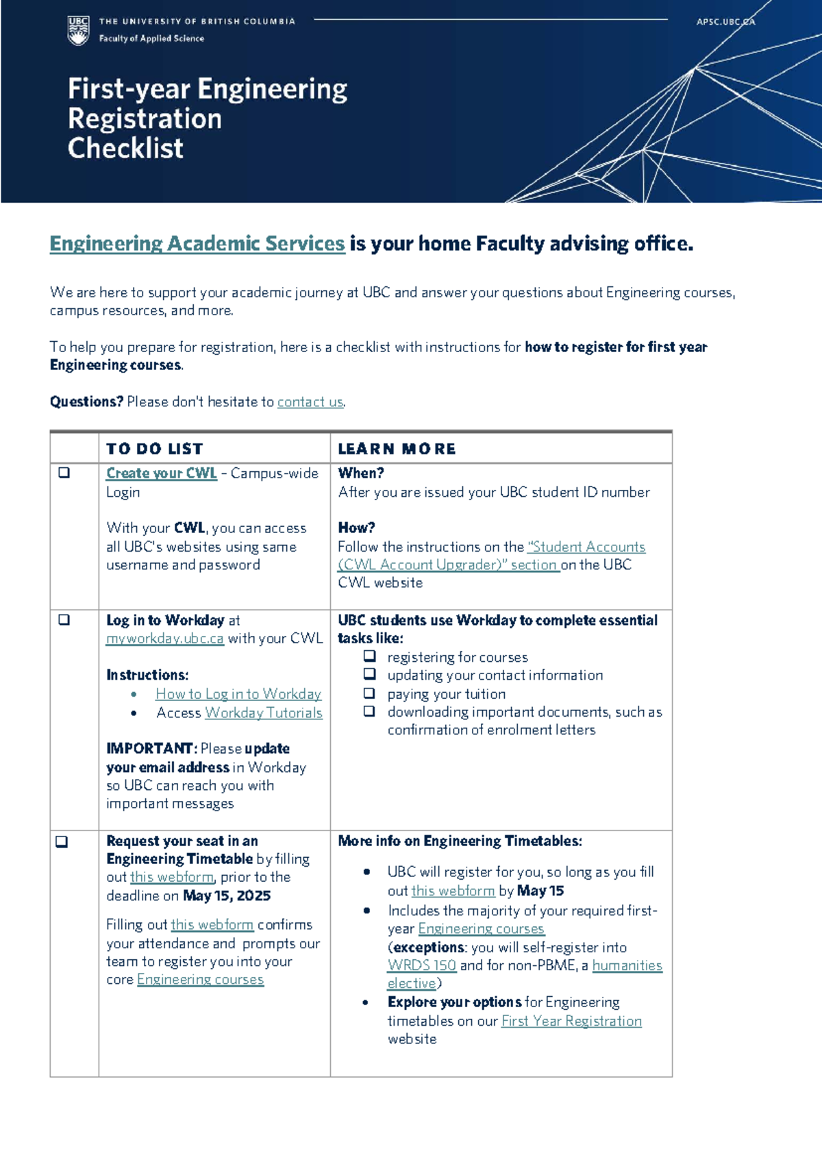 Checklist for First Year Registration - UBC Engineering - Studocu