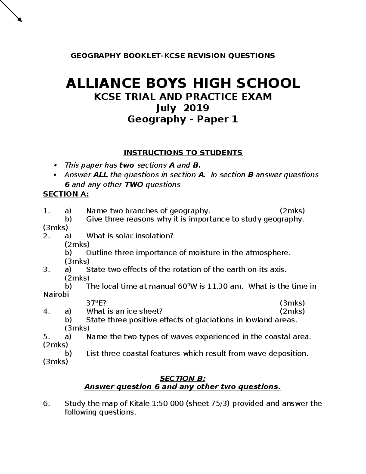 Geography Booklet Form 4: KCSE Trial Exam Revision Questions - Studocu