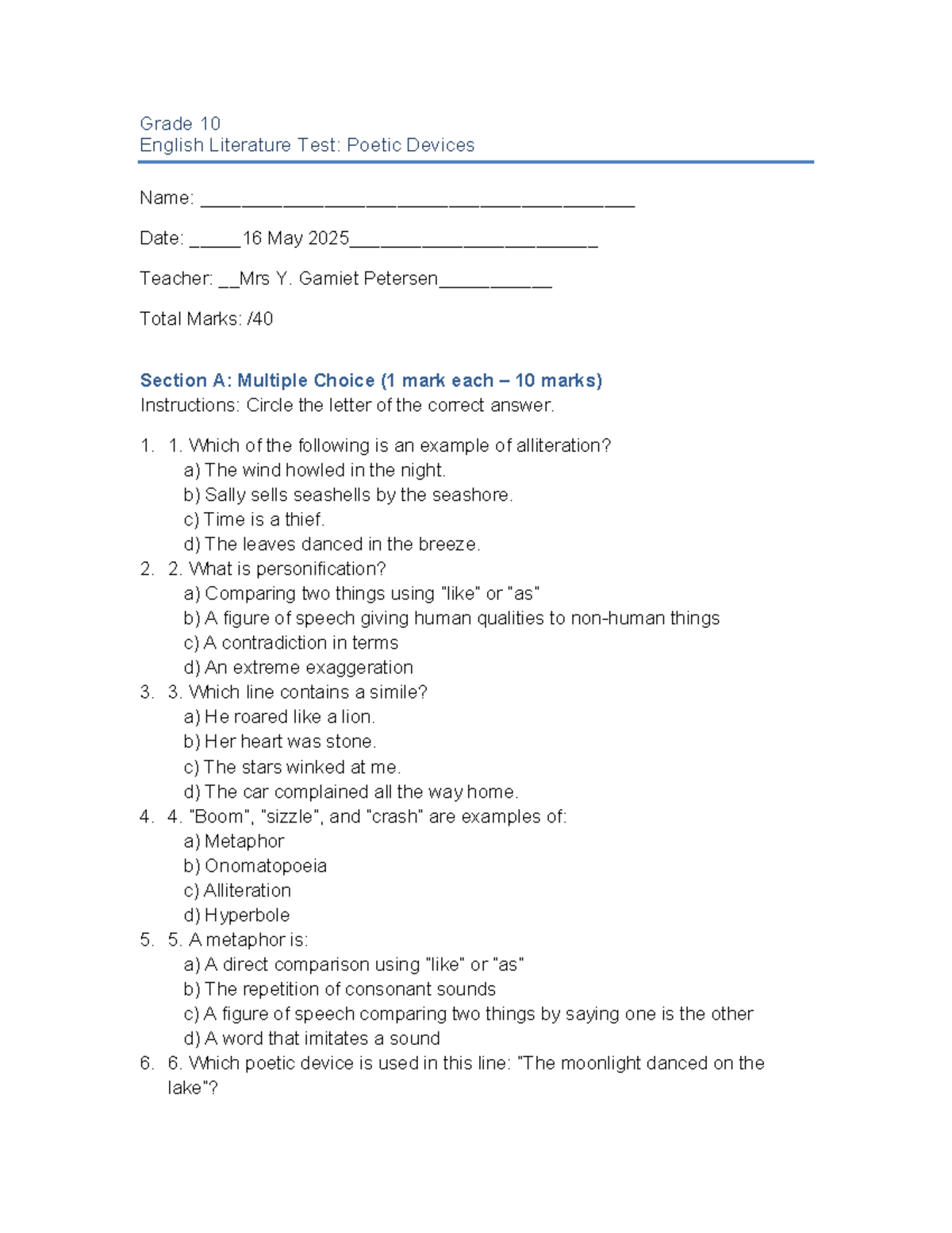 Grade 10 English Literature Test: Poetic Devices Questions - Studocu