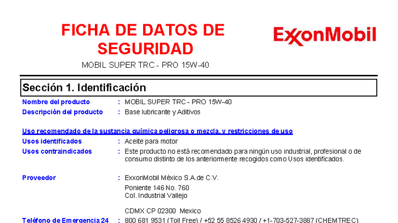 Hojas de Datos de Seguridad (HDS) - MOBIL SUPER TRC PRO 15W-40 - Studocu