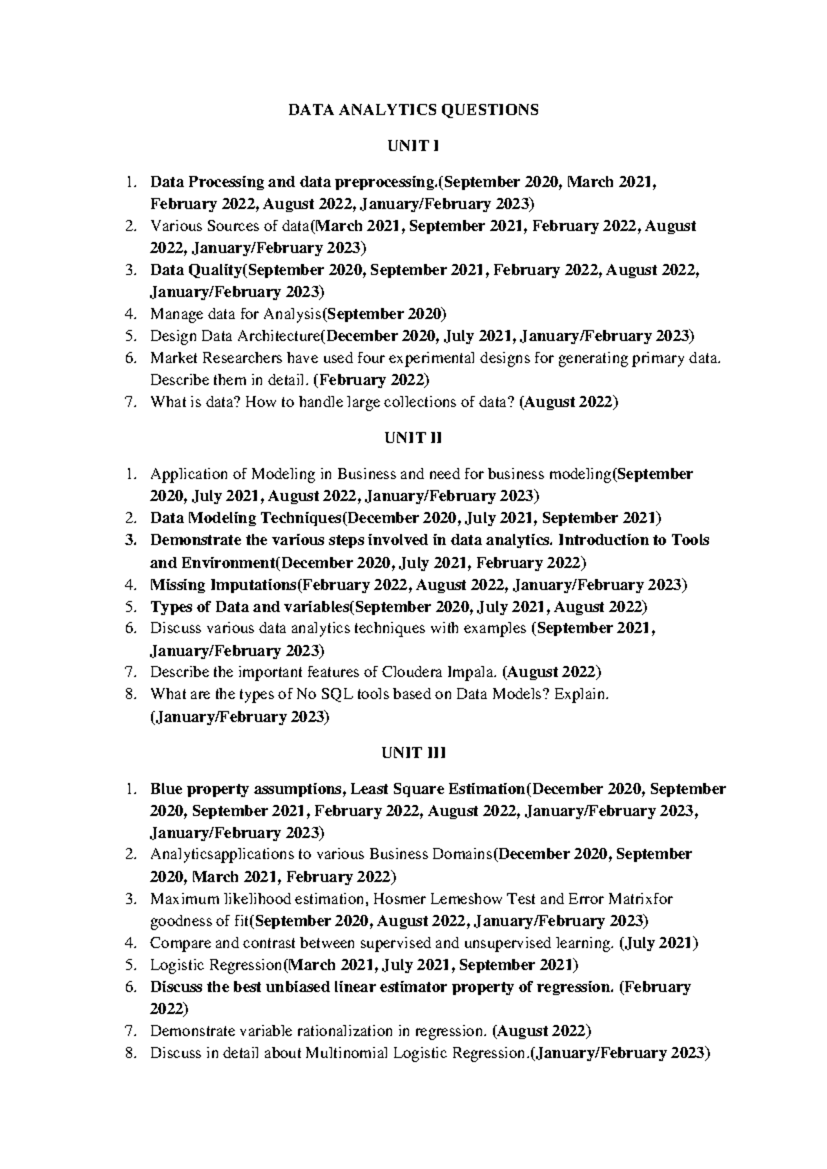 DATA ANALYTICS UNIT WISE Important Questions and Key Concepts - Studocu