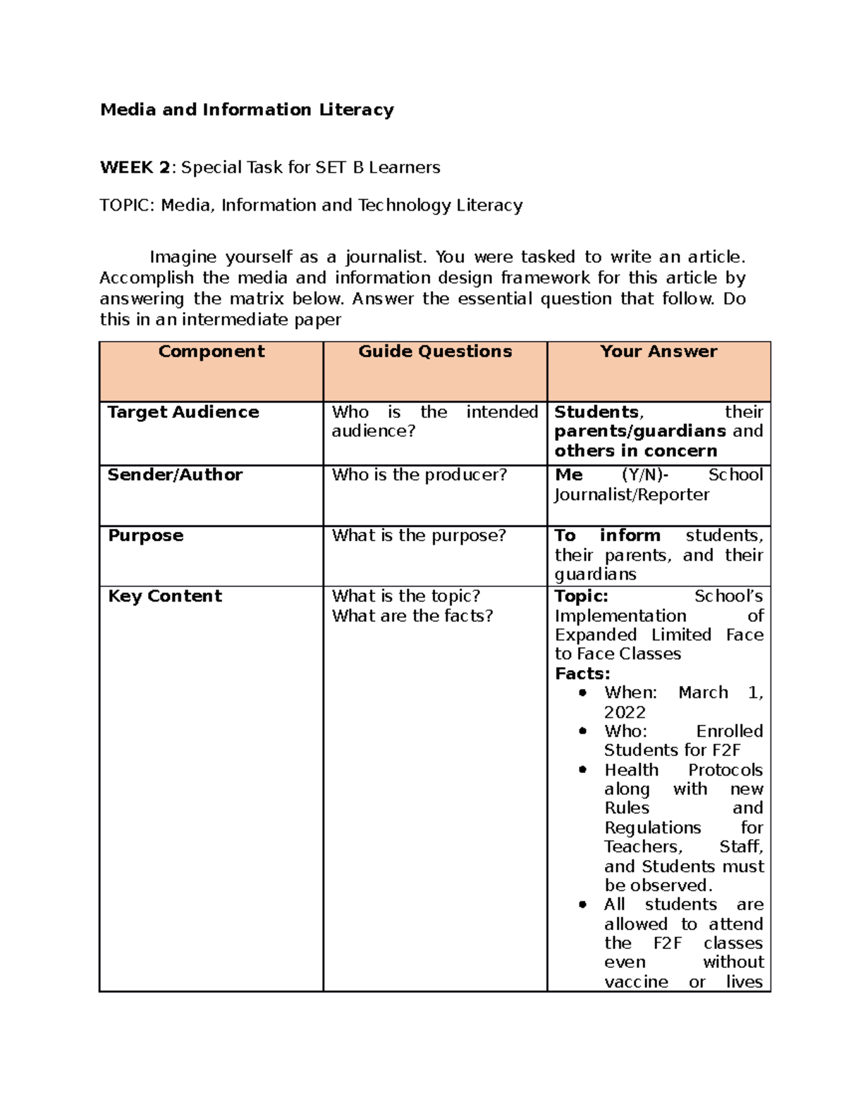Media & Info Literacy: Week 2 Special Task for SET B Learners - Studocu