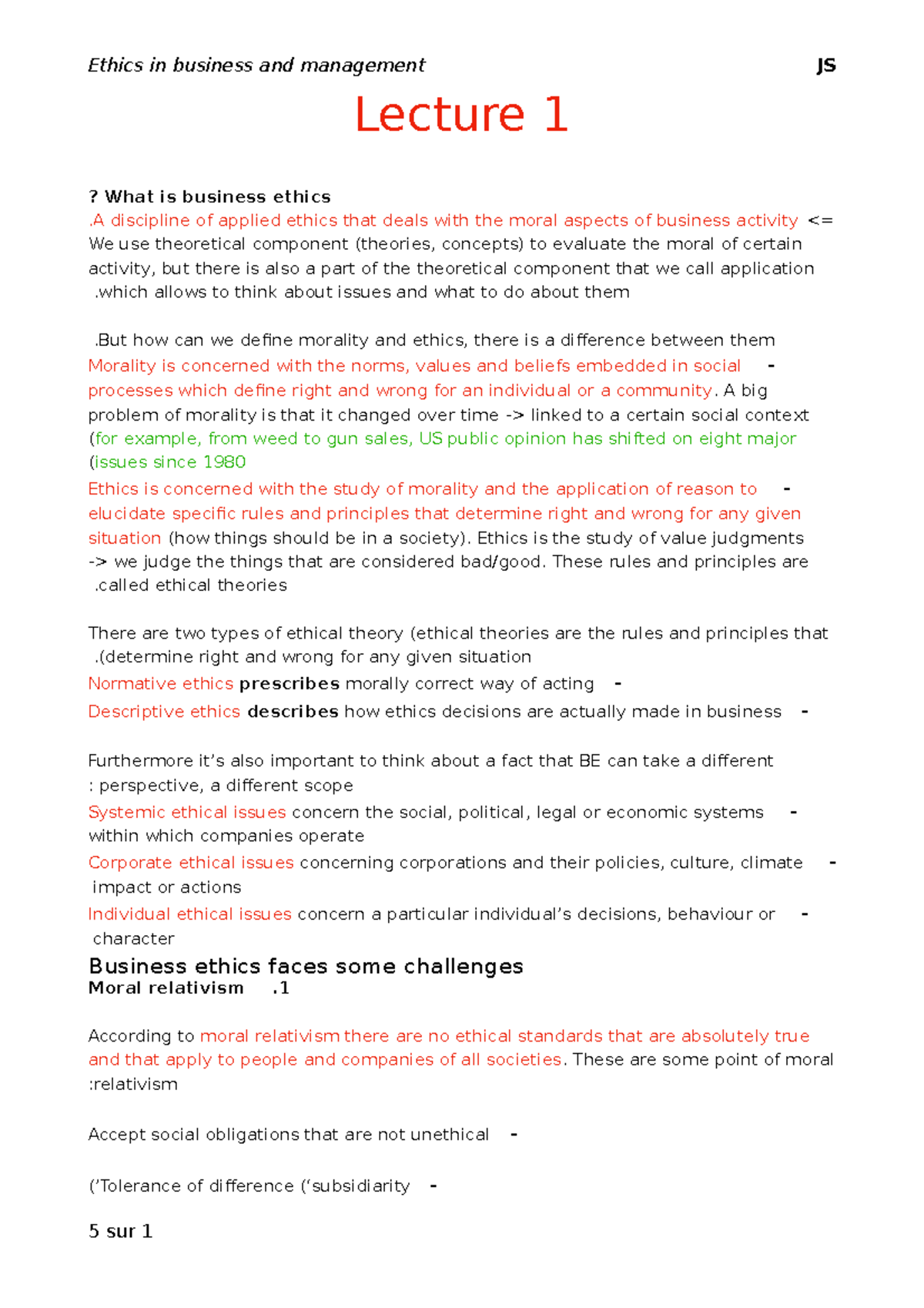 Ethics in Business and Management: Lecture 1 Overview - Studeersnel
